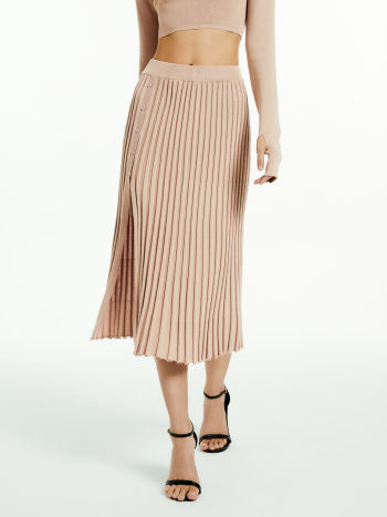 Solid Pleated Split Knitted Midi Skirt For Coffee Shop Work