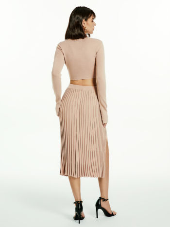 Solid Pleated Split Knitted Midi Skirt For Coffee Shop Work