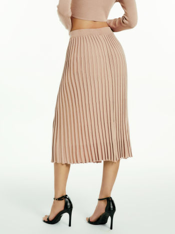 Solid Pleated Split Knitted Midi Skirt - Cider