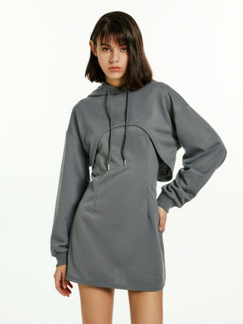 Solid Terry Oversized Drawstring Hooded Top & Mini Dress Set - Cider