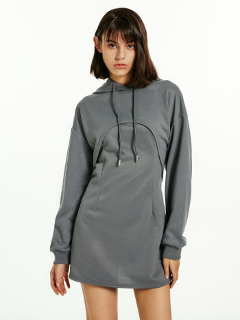 Solid Terry Oversized Drawstring Hooded Top & Mini Dress Set - Cider