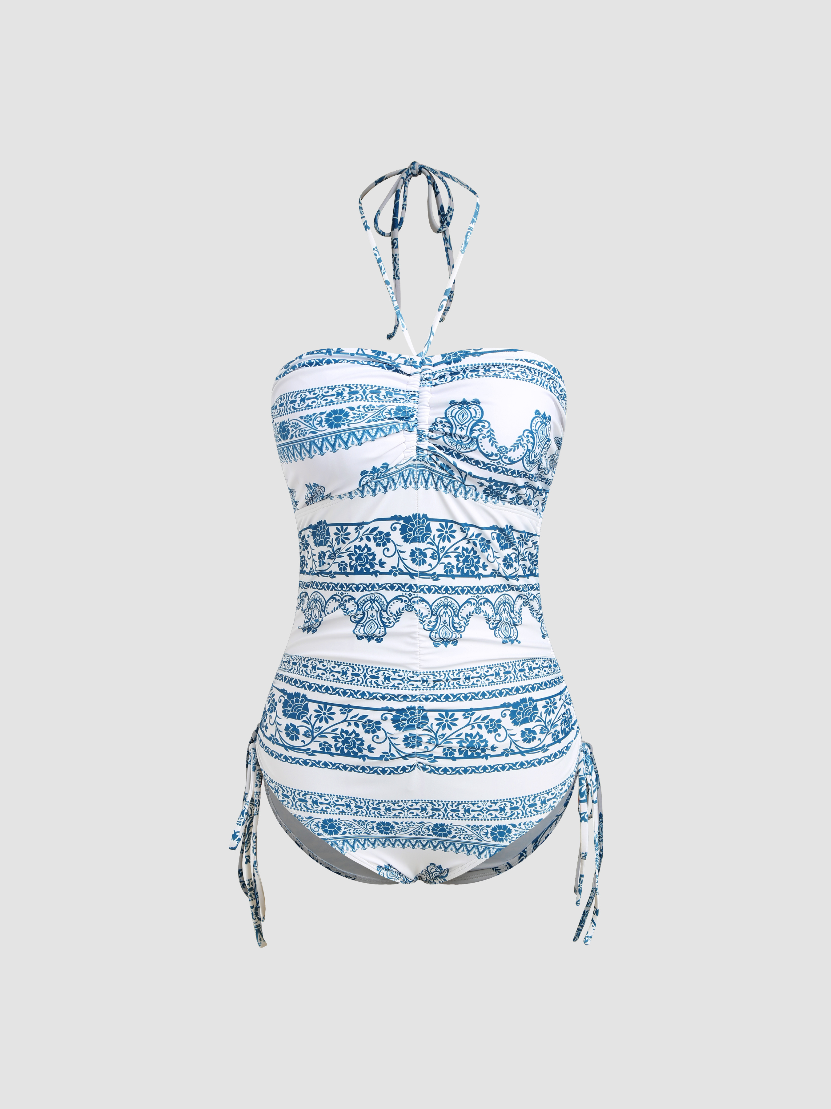 Halter Drawstring Floral One Piece Swimsuit Cider