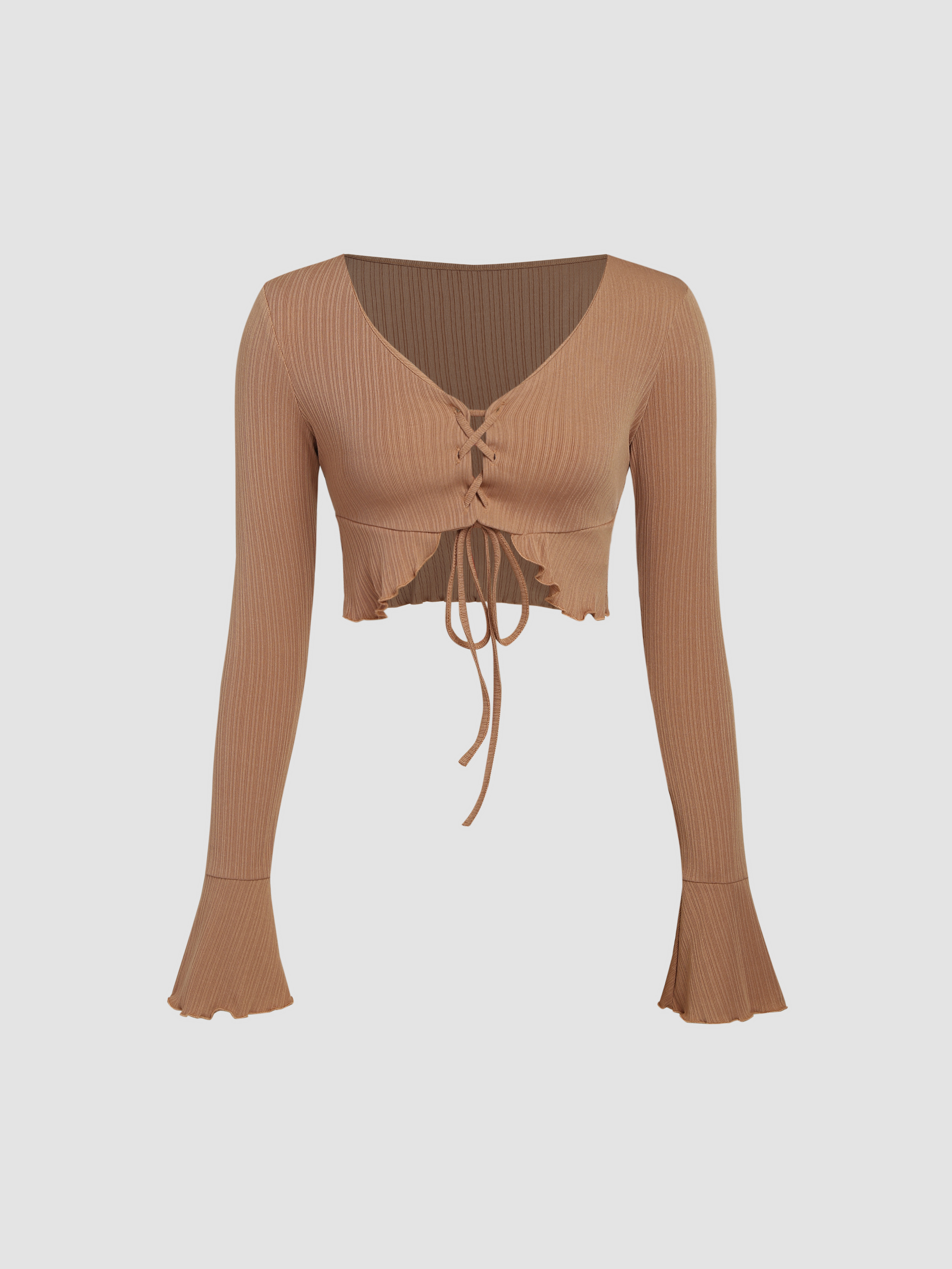Solid Rib Lace Up Crop Top For Coffee Shop