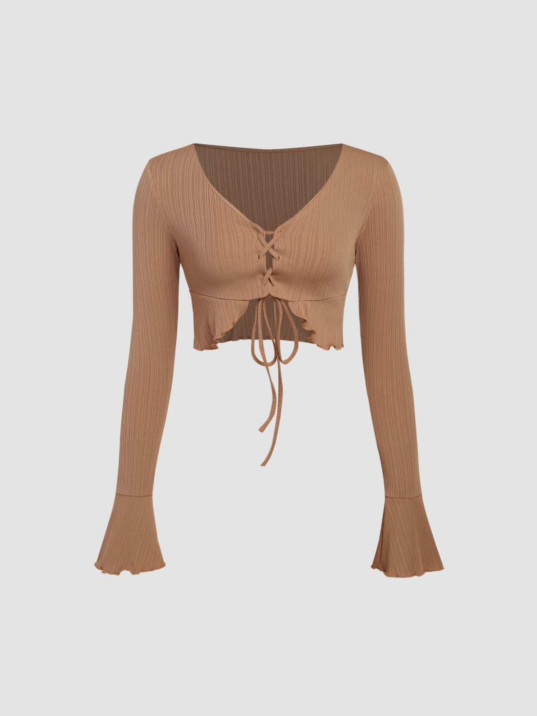 Solid Rib Lace Up Crop Top For Coffee Shop