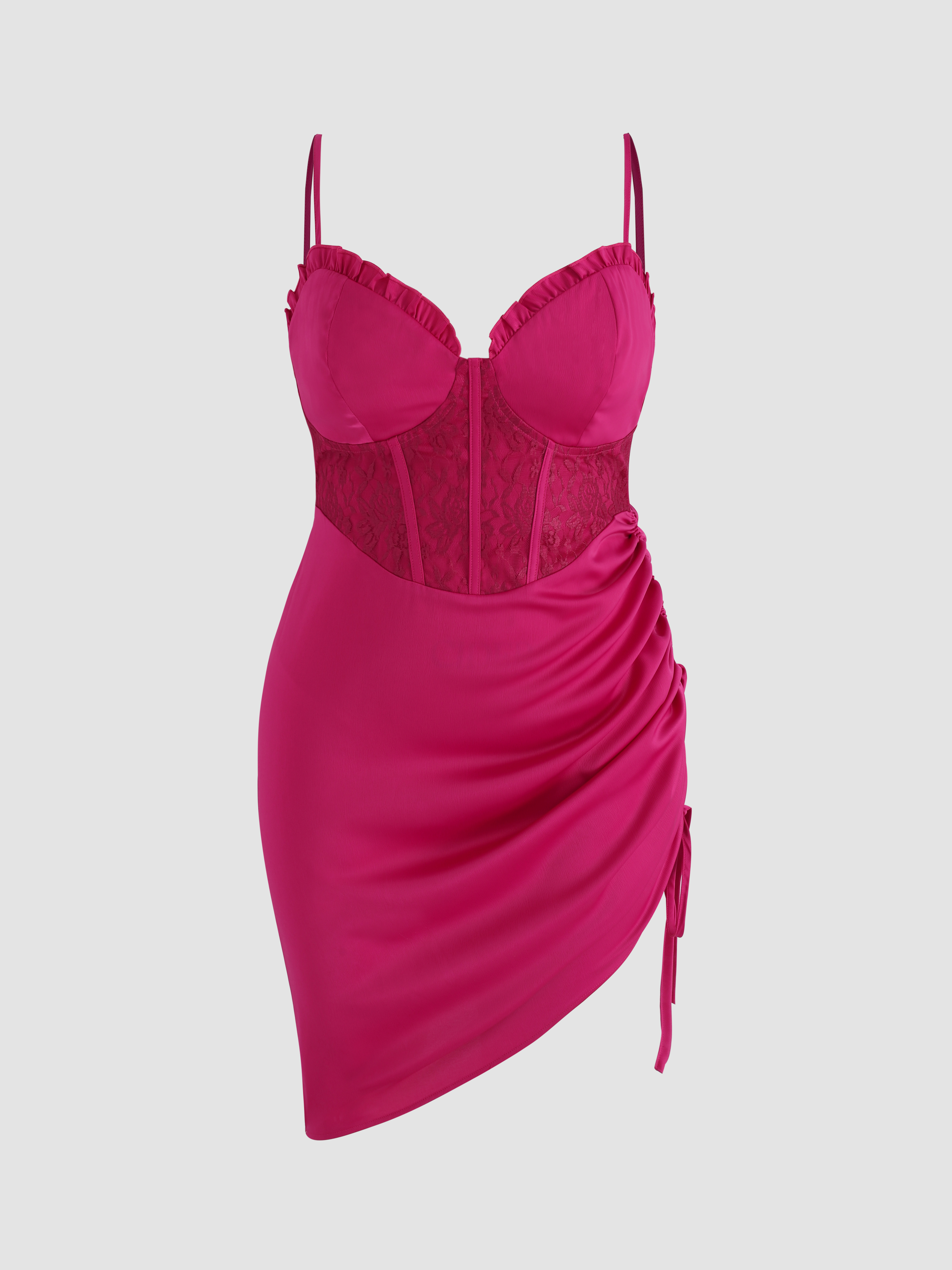 Satin Solid Lace Corset Drawstring Cami Short Dress Curve And Plus For Date Music Festivallive