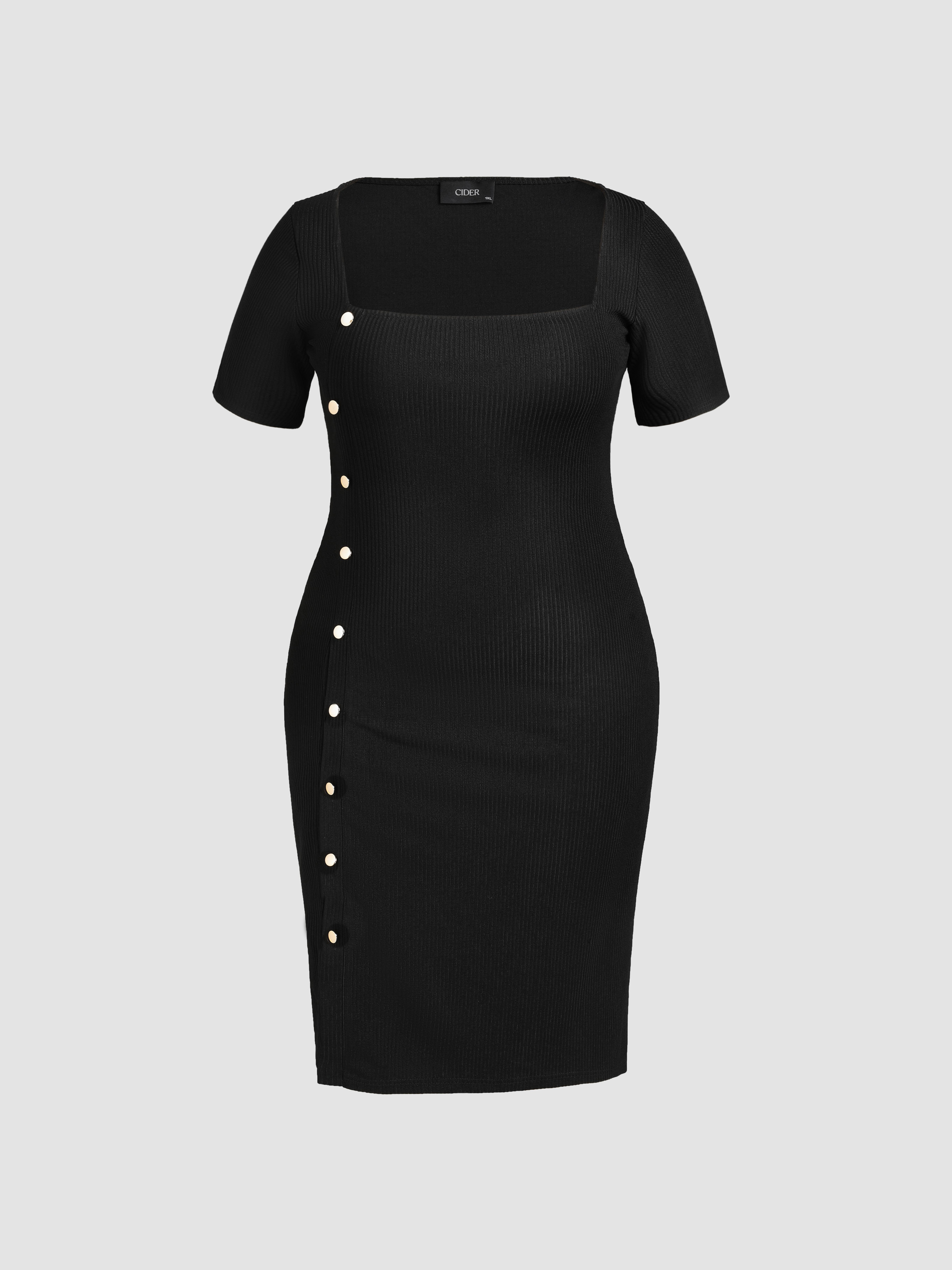 Curve & Plus Solid Button Split Midi Dress For Date Vacation Holiday