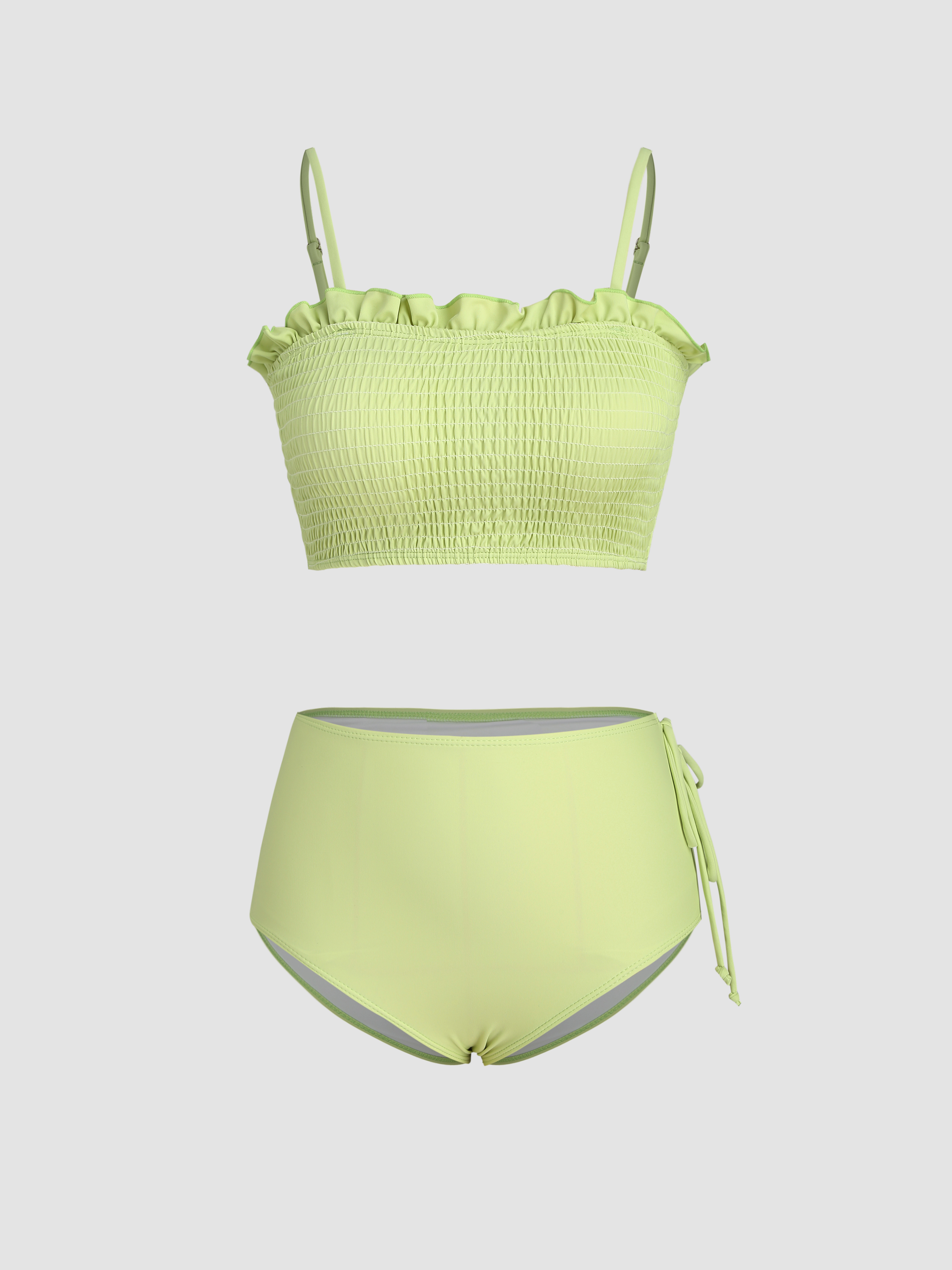 Knit Fabric Solid Ruffle Smocked Bikini Swimsuit For Vacation Beach