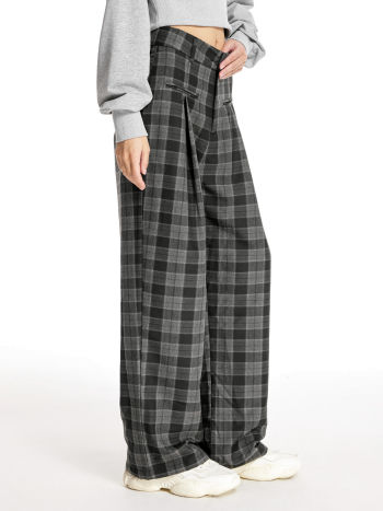 Woven Check Pattern Wide Leg Trousers For Daily Casual School