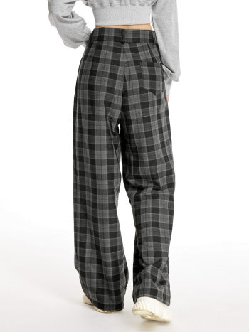 Woven Check Pattern Wide Leg Trousers For Daily Casual School