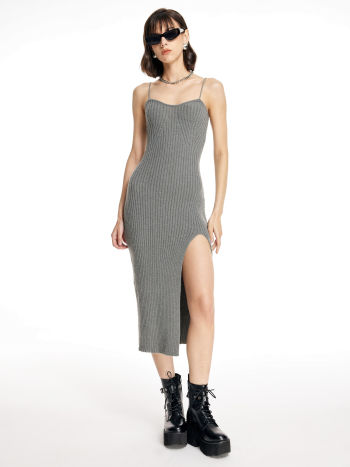 Fall Dresses Knit Solid Cami Split Midi Dress & Crop Top For Work Holiday