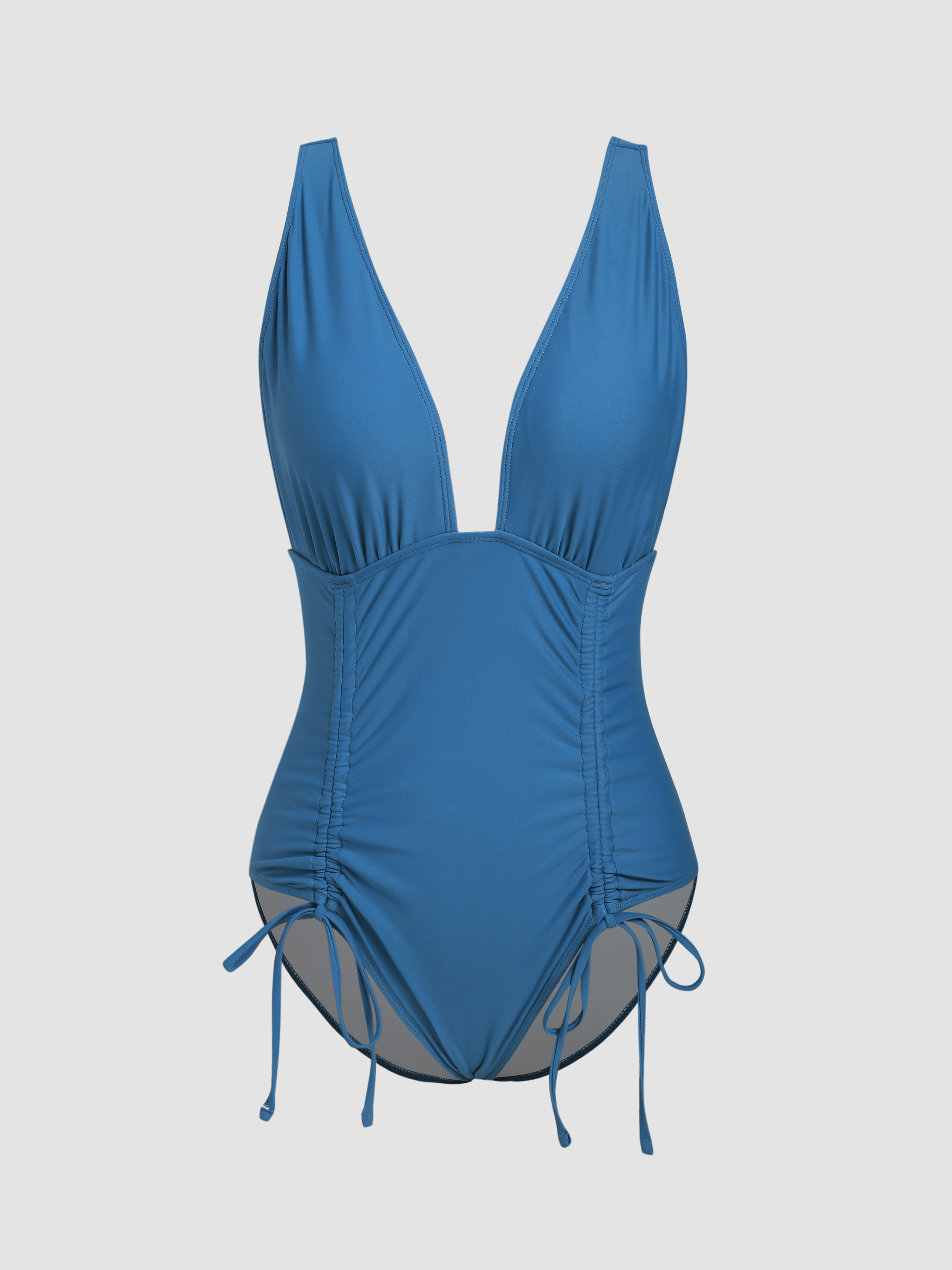 Solid V-neck Drawstring One Piece Swimsuit - Cider