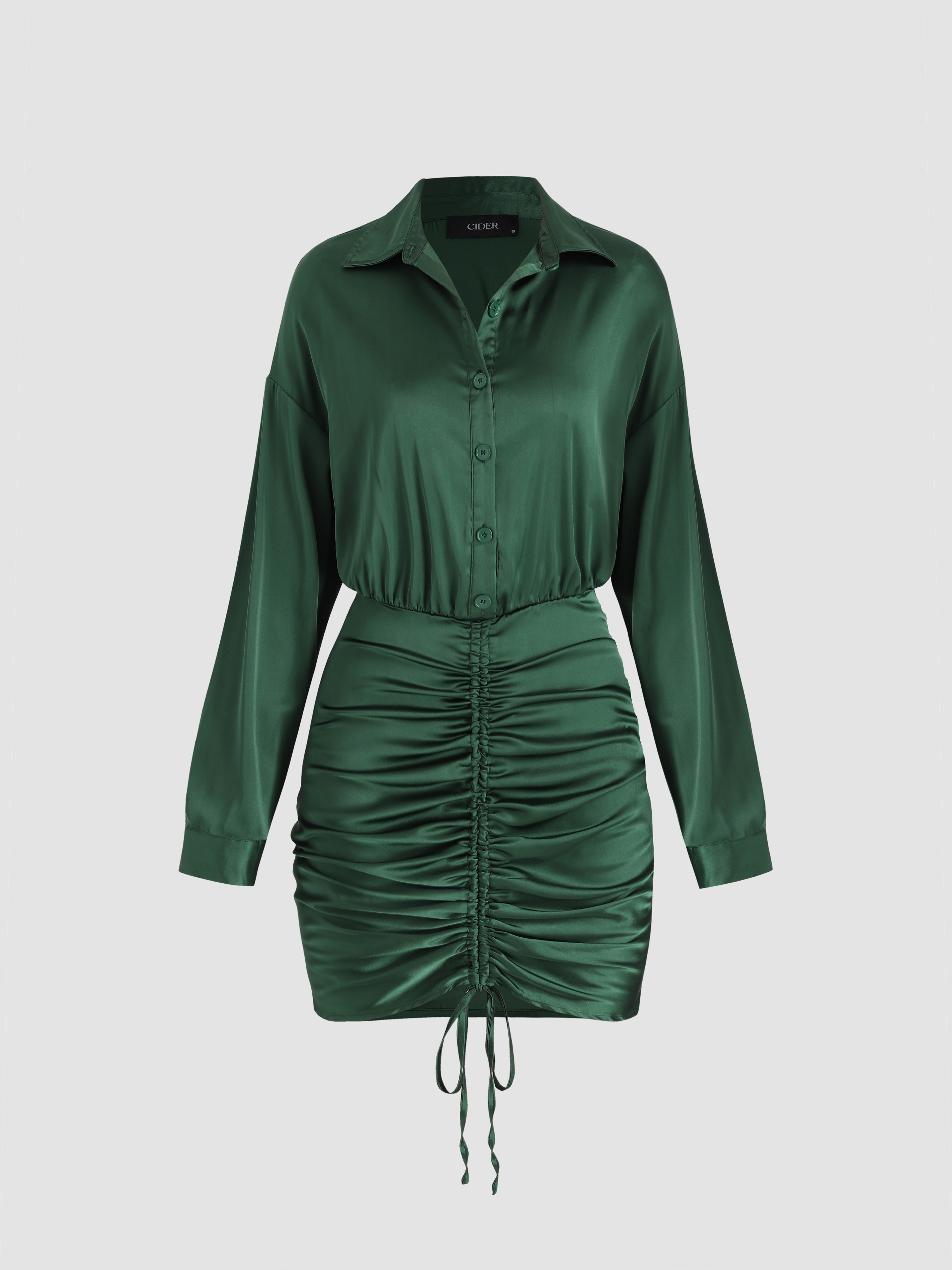 Satin Collar Drawstring Short Dress - Cider