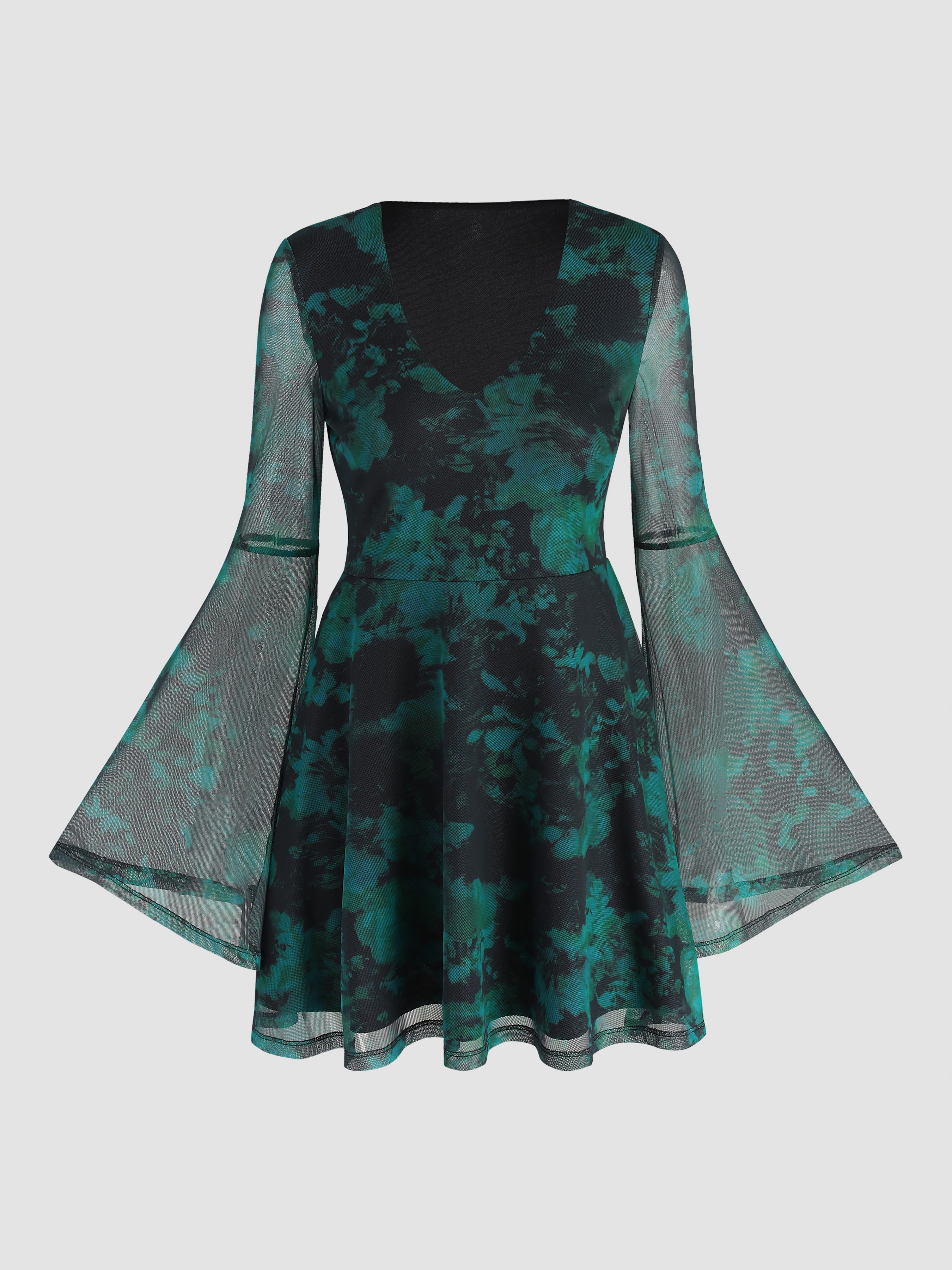 Mesh Floral Pattern Bell Sleeve Short Dress - Cider