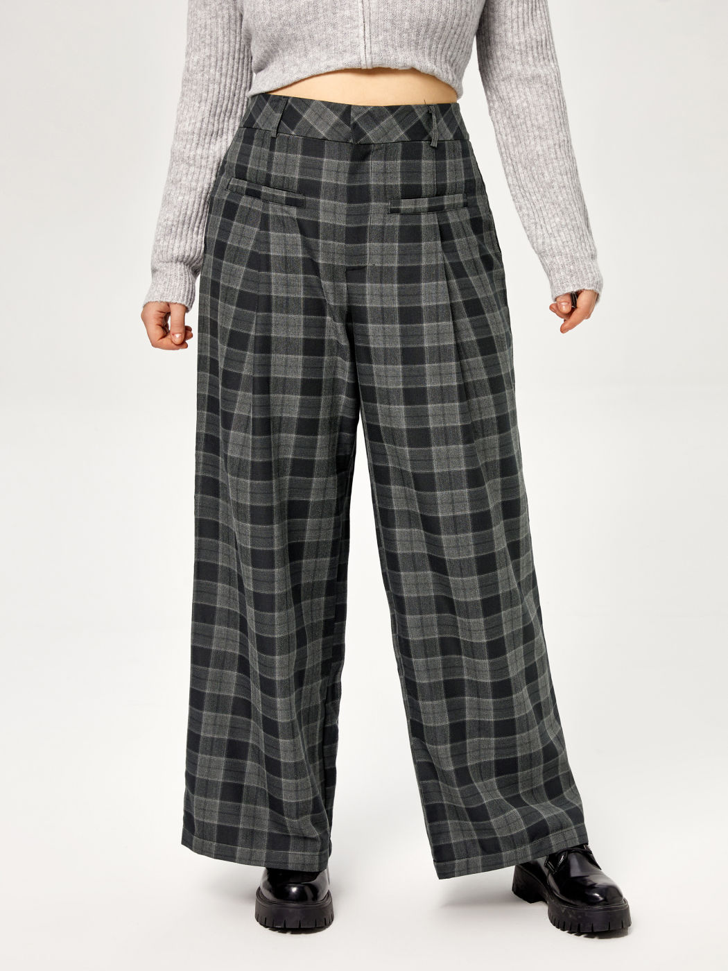 Curve & Plus Check Pattern Pocket Wide Leg Trousers - Cider