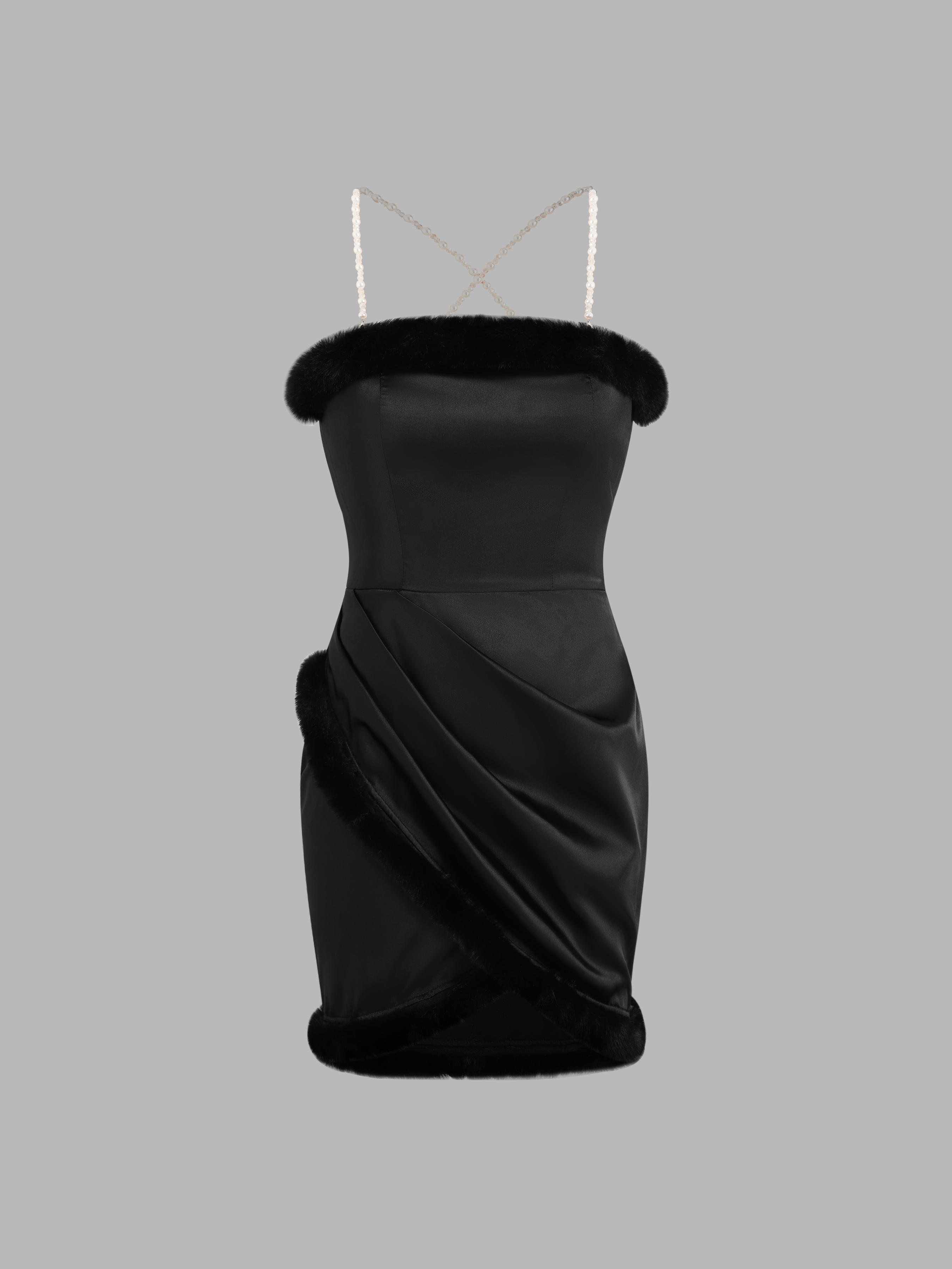 Satin Solid Faux Pearl Cross Fuzzy Mini Dress For Party/Clubbing