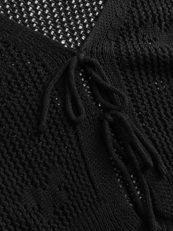 Fall Cardigan Knit Fabric Solid Hollow Out Knit Knotted Cardigan For School Daily Casual Coffee Shop