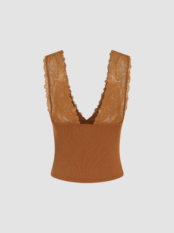 Knit Fabric Lace V-neck Cami Crop Top For Daily Casual