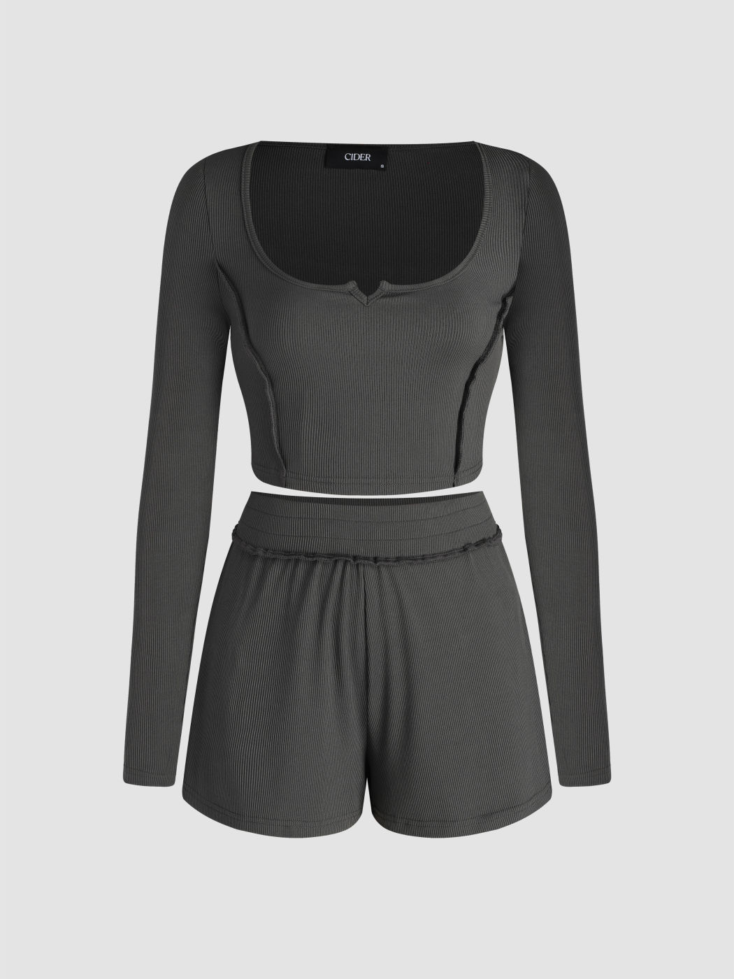 Knit Fabric Solid Stitch U-neckline Crop Top & Shorts For Gym/Sports