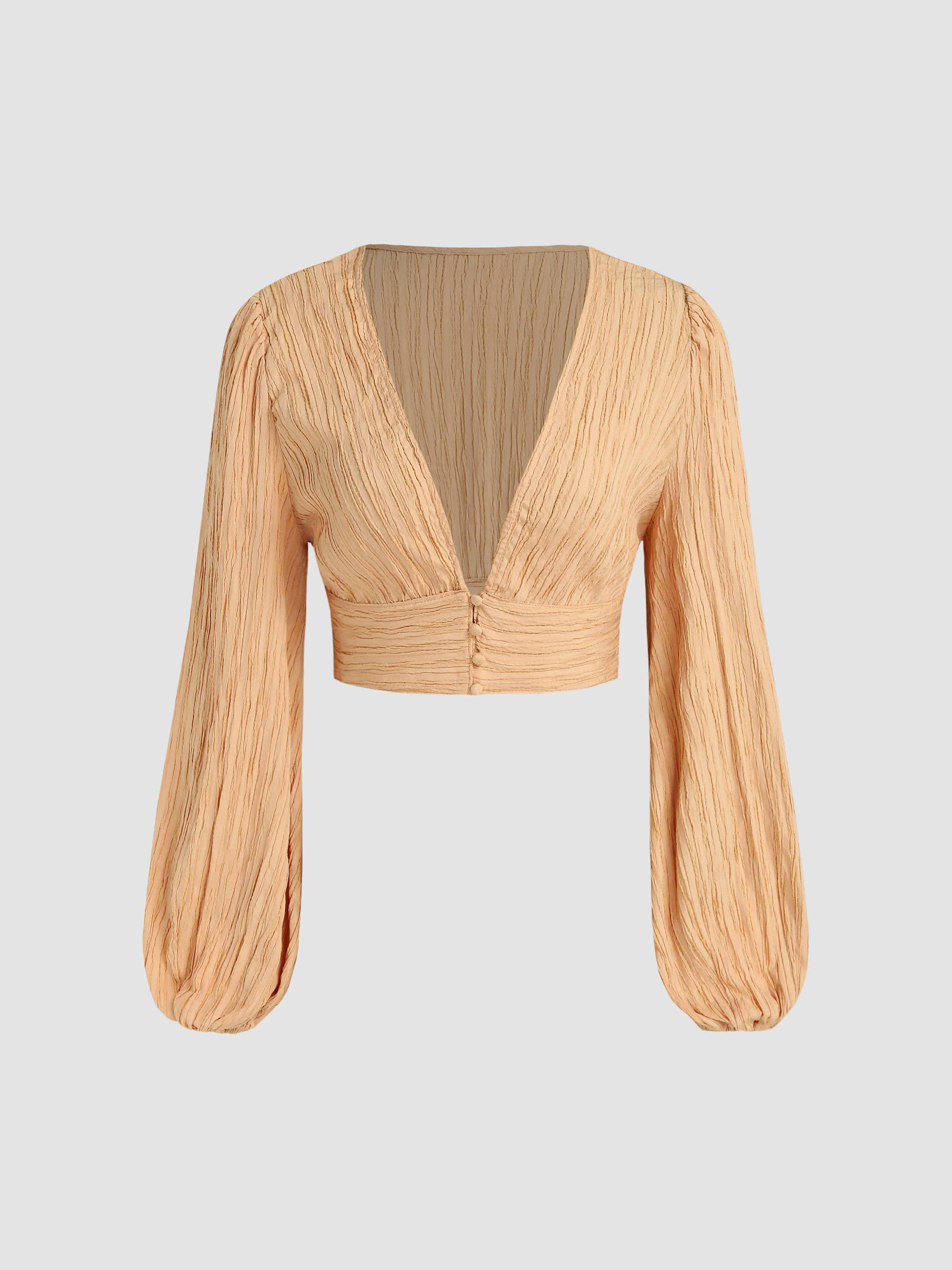 Woven V-neck Texture Long Sleeve Blouse For Daily Casual