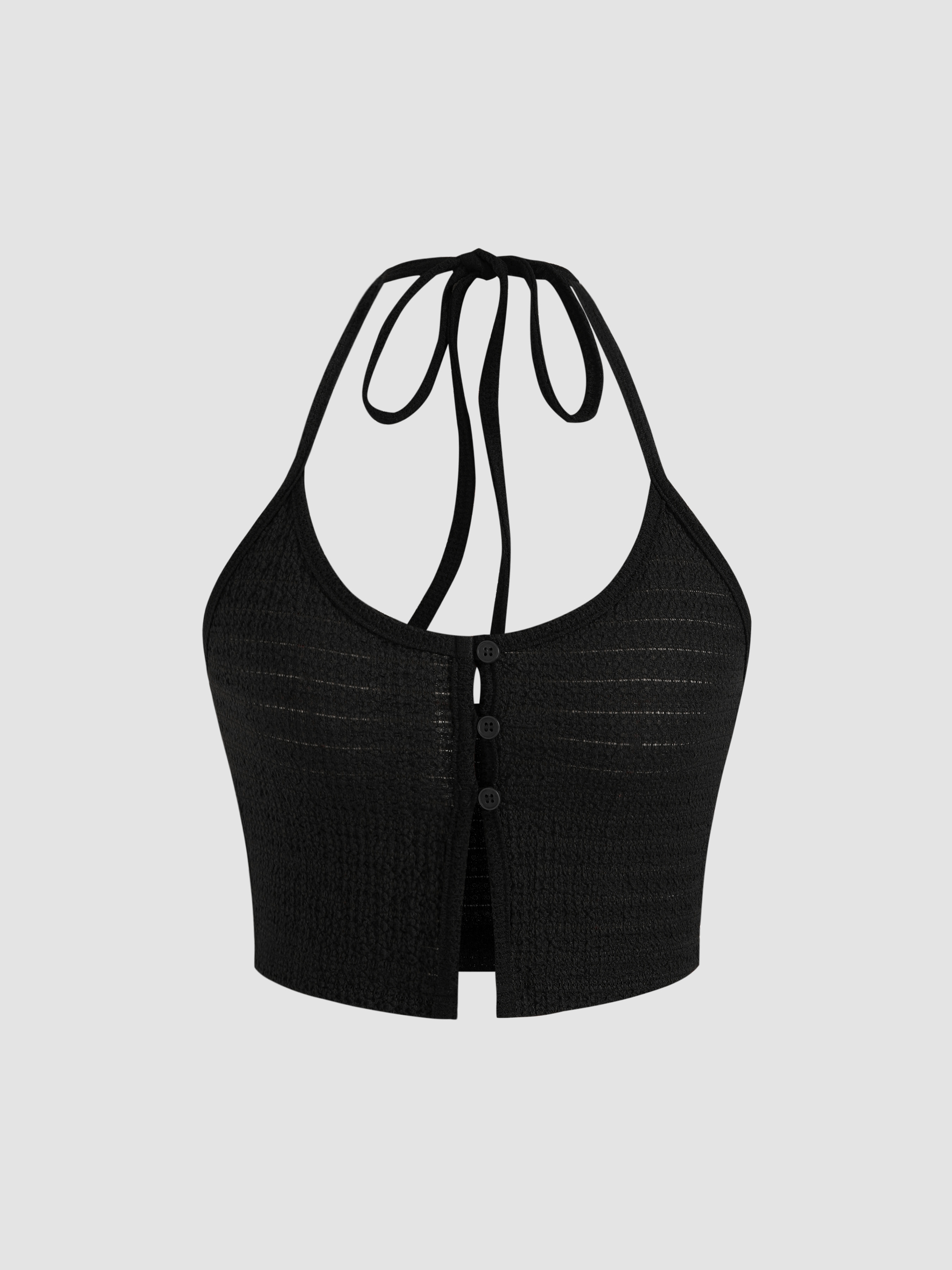 Knit Fabric Solid Halter Button Up Crop Top For Music Festival/Live House