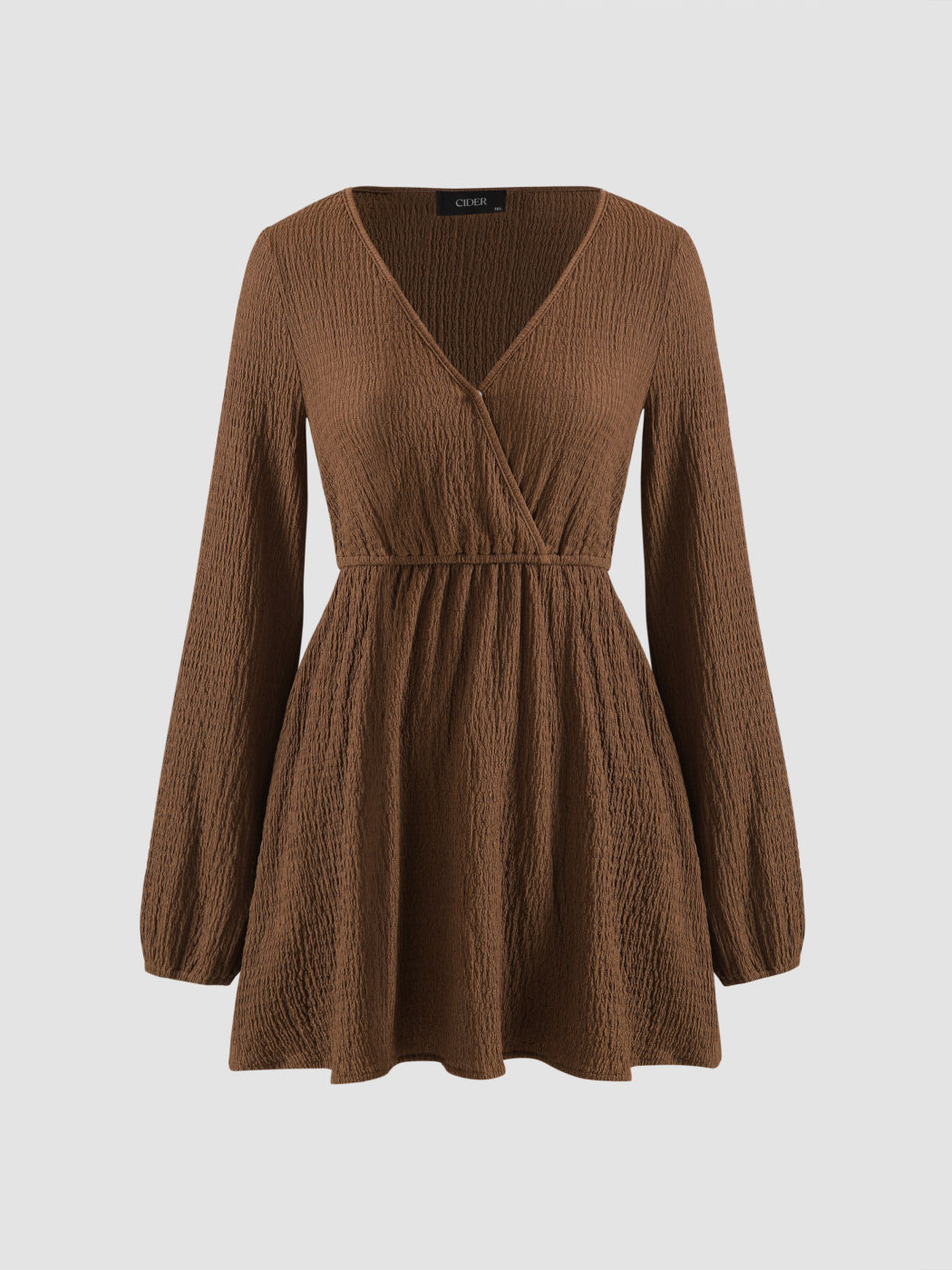 V-neck Long Sleeve Knitted Mini Dress - Cider