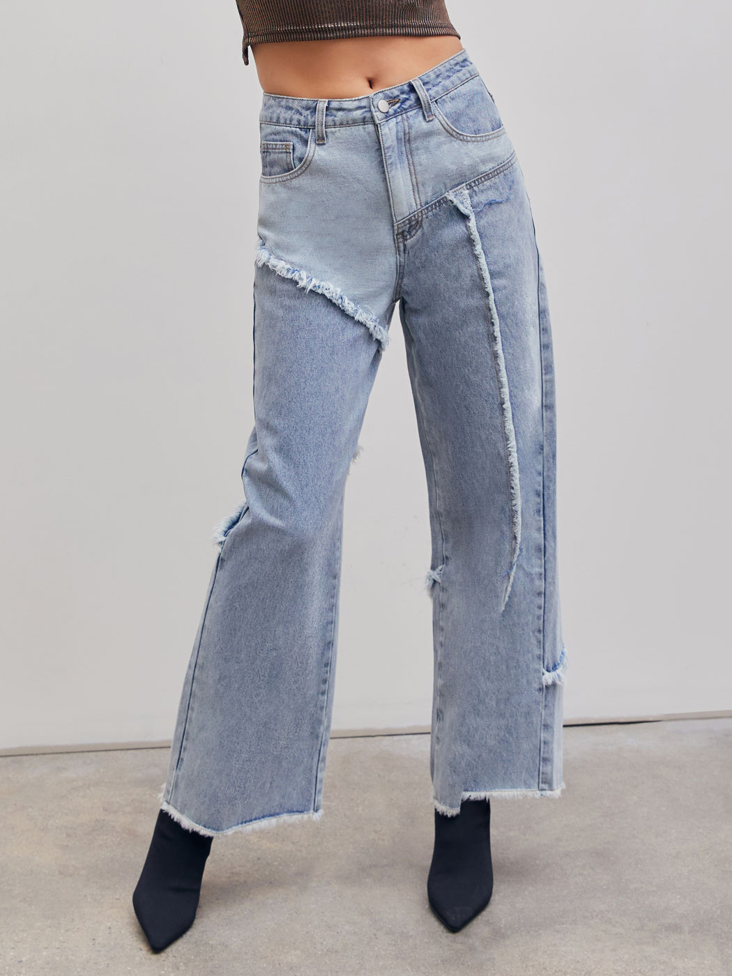 Patchy Fringe High Waist Wide Leg Jeans - Cider