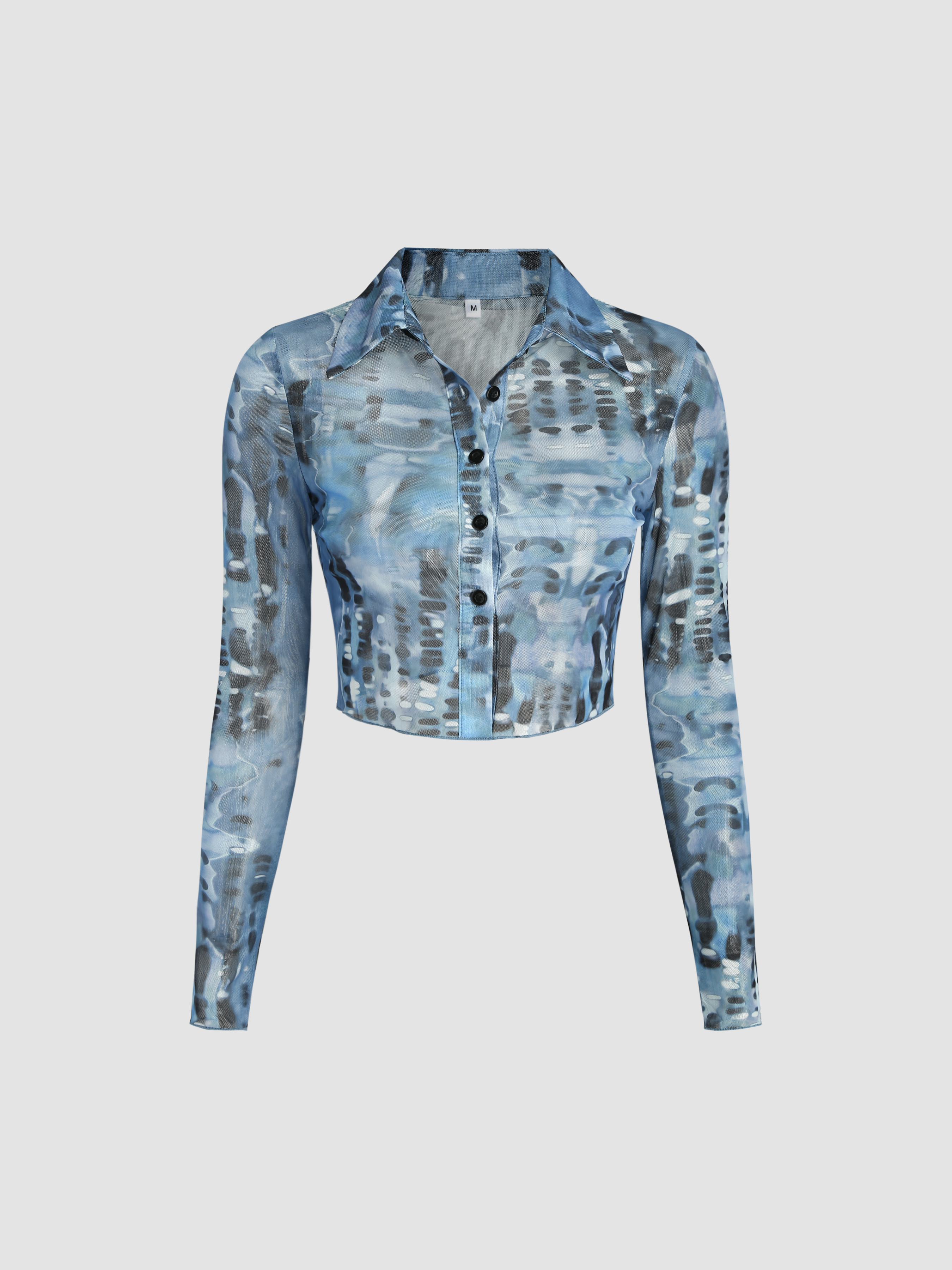 Mesh Mesh Abstract Pattern Button Collar Crop Blouse For Coffee Shop