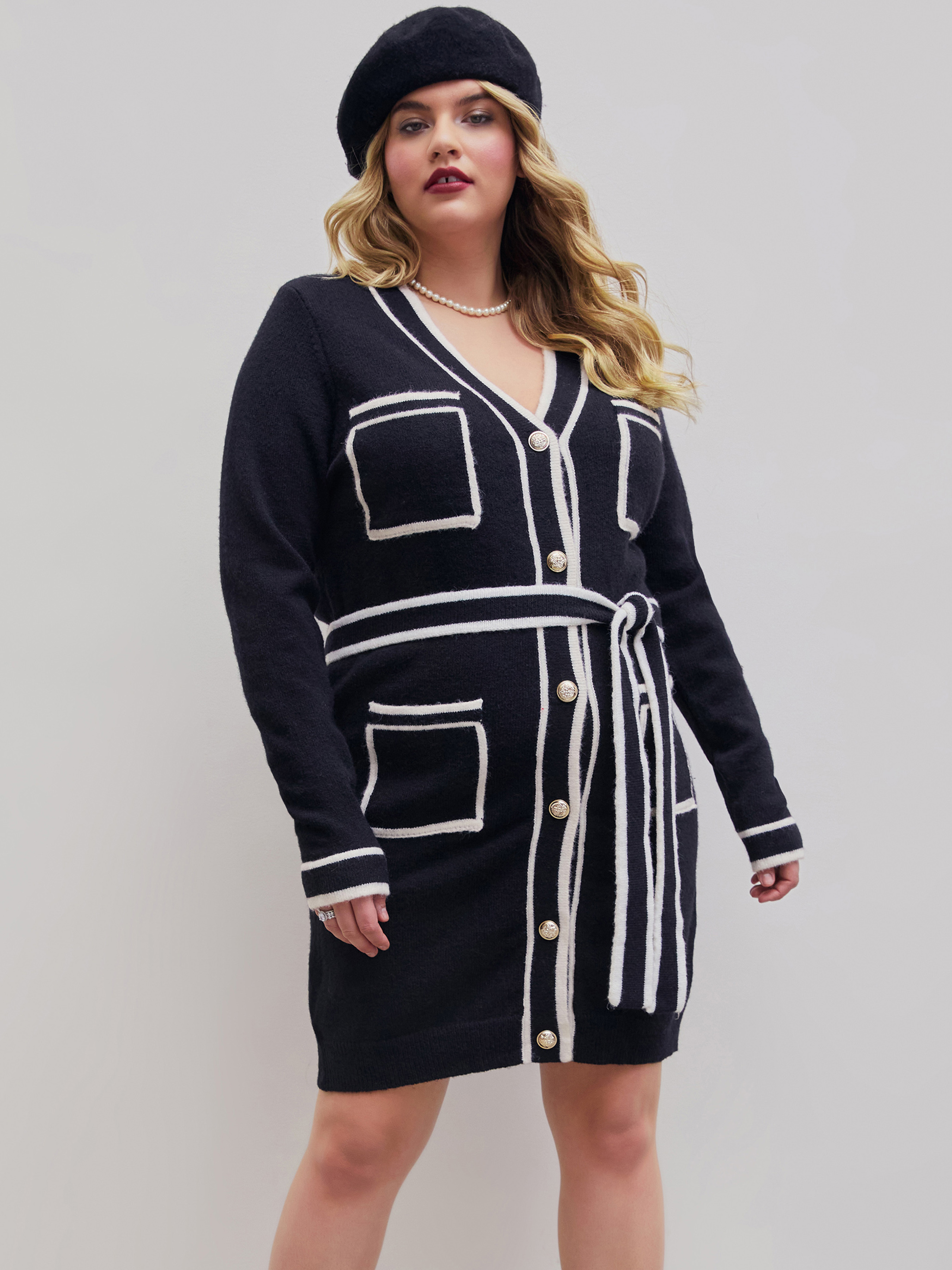 Knit Fabric Knit Contrast Binding Belted Midi Dress Curve & Plus For ...