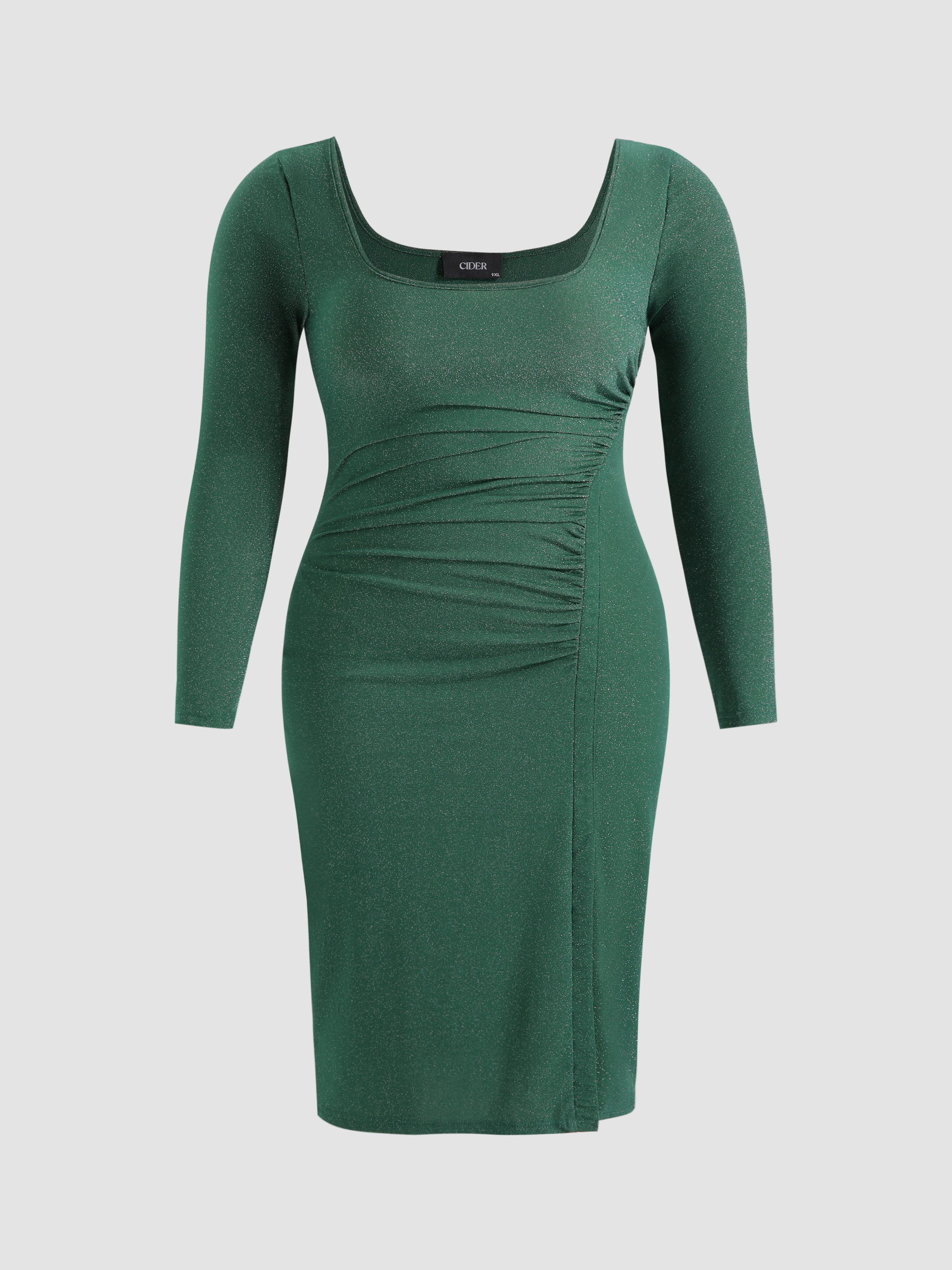 Solid Ruched Sequin Slit Midi Dress Curve & Plus - Cider