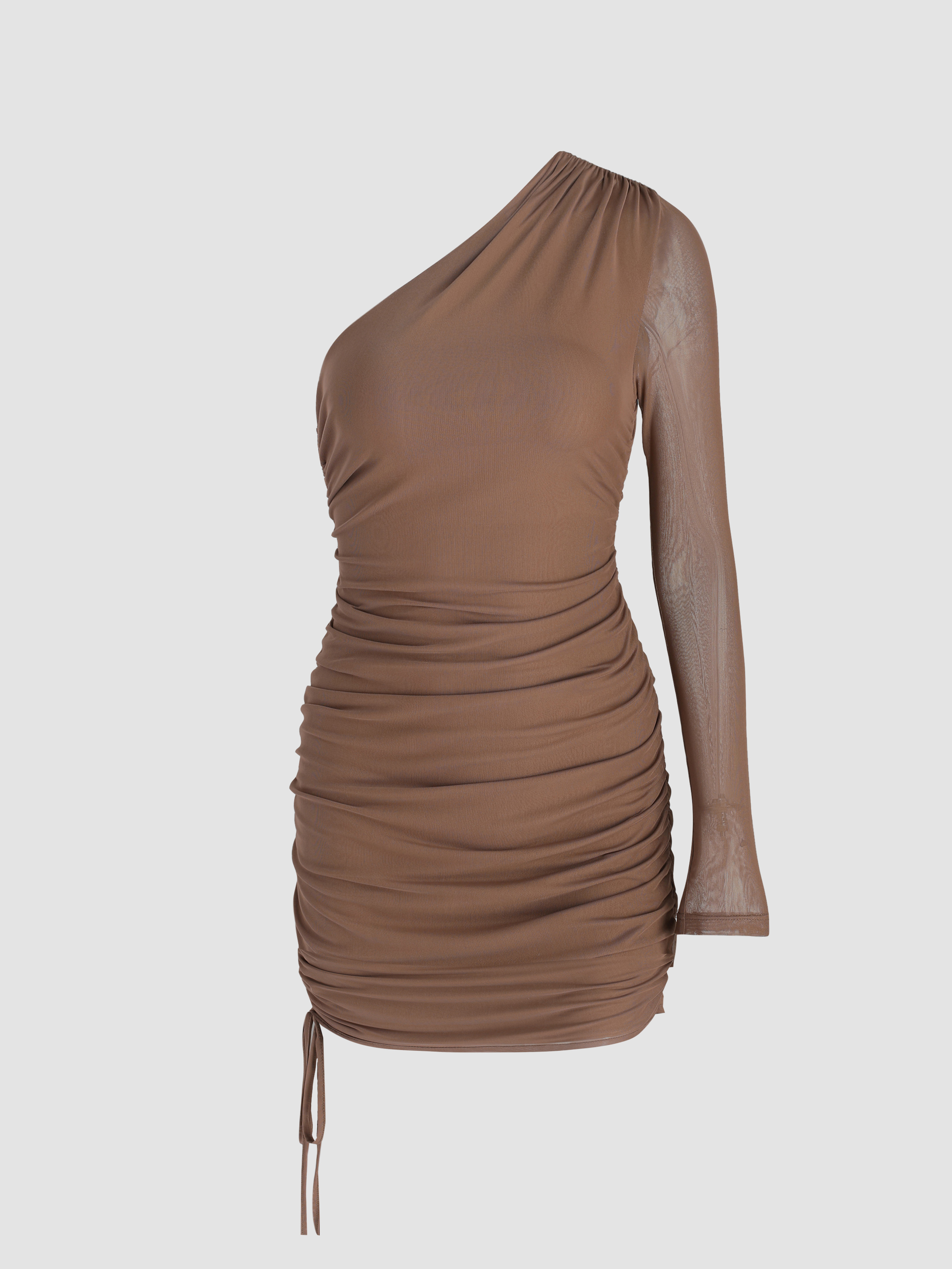 Knit Fabric Solid Asymmetrical Ruched Mini Dress For Music Festival ...