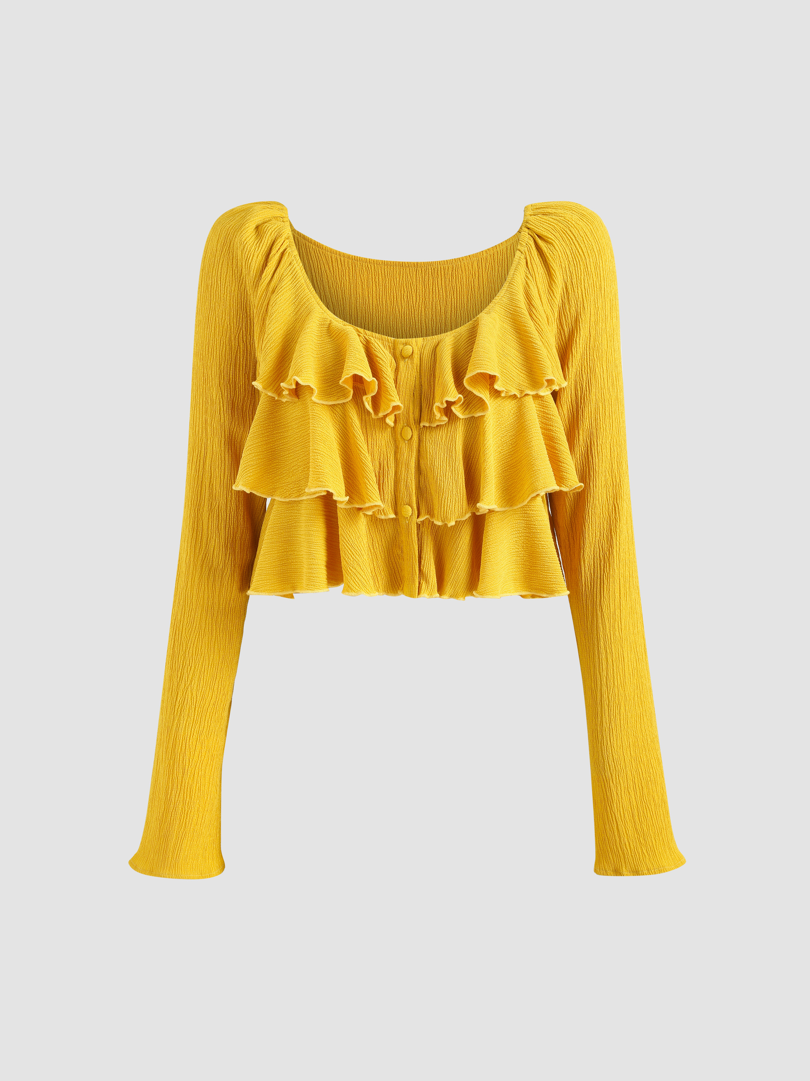 Solid Button Up Ruffle Hem Blouse - Cider