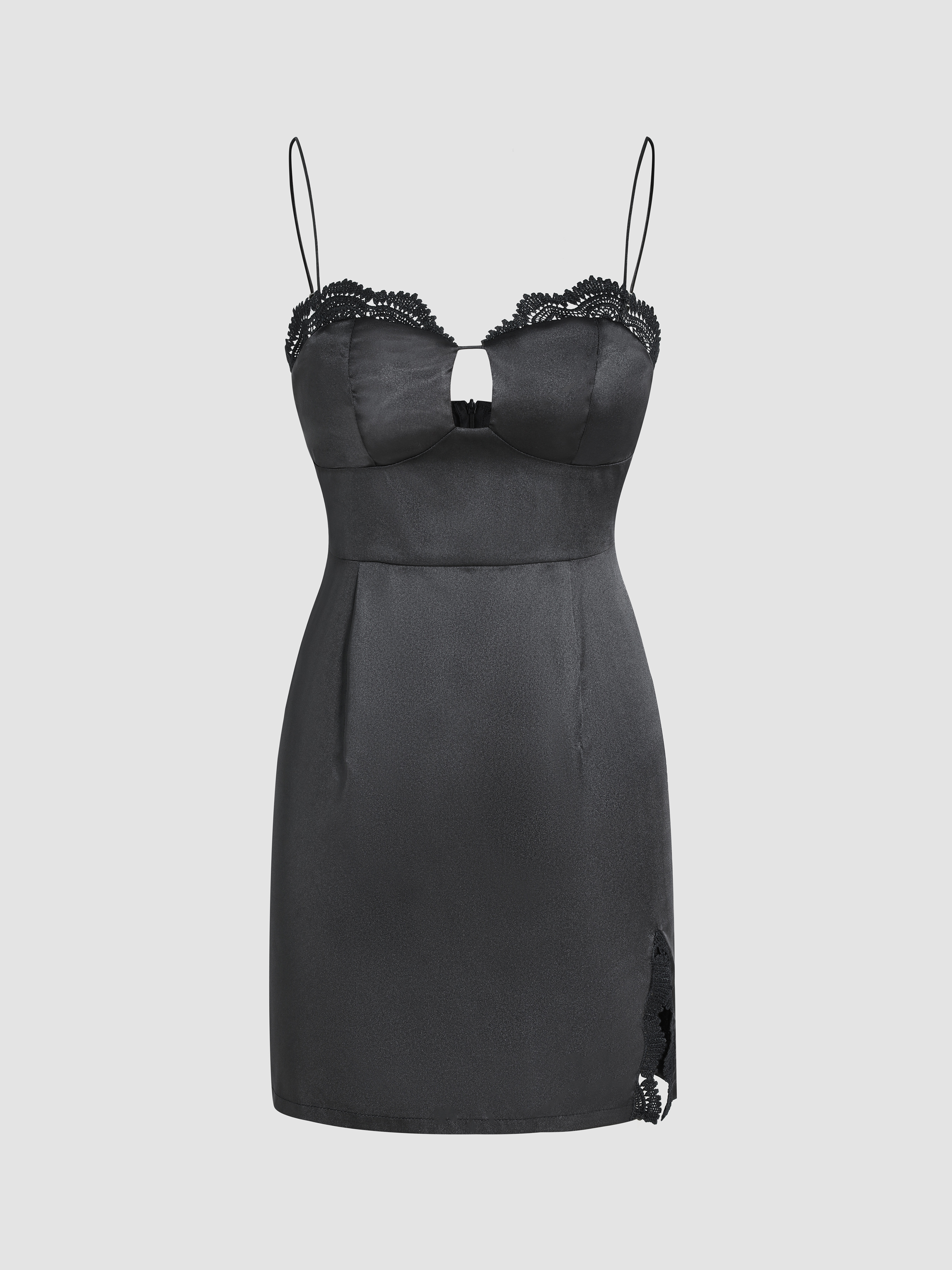 Lace Trim Satin Cami Mini Slit Dress - Cider