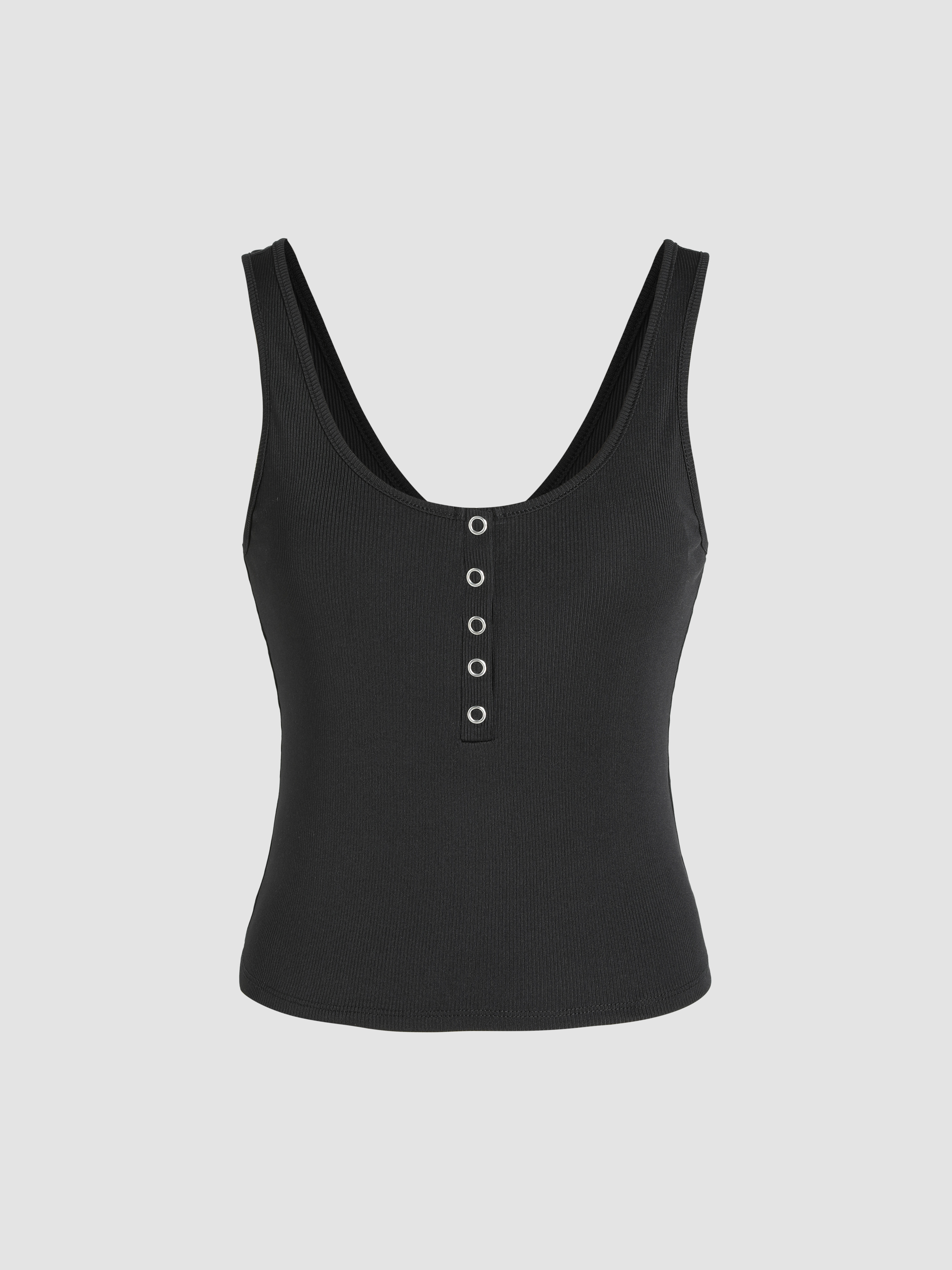 Rib Solid Rib U-neckline Buckle Up Crop Top For School Daily Casual Work