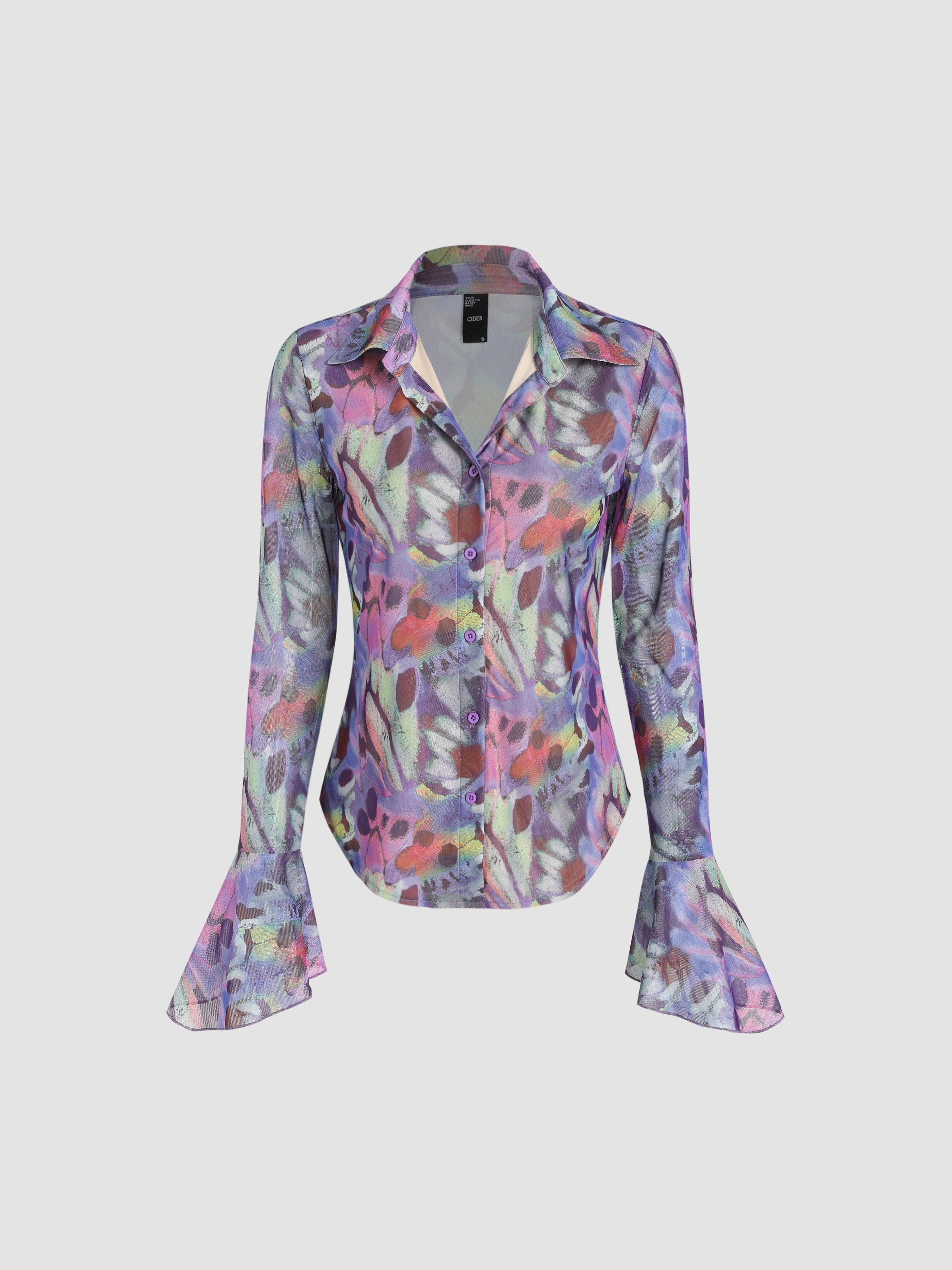 Abstract Pattern Collar Long Sleeve Blouse For Holiday
