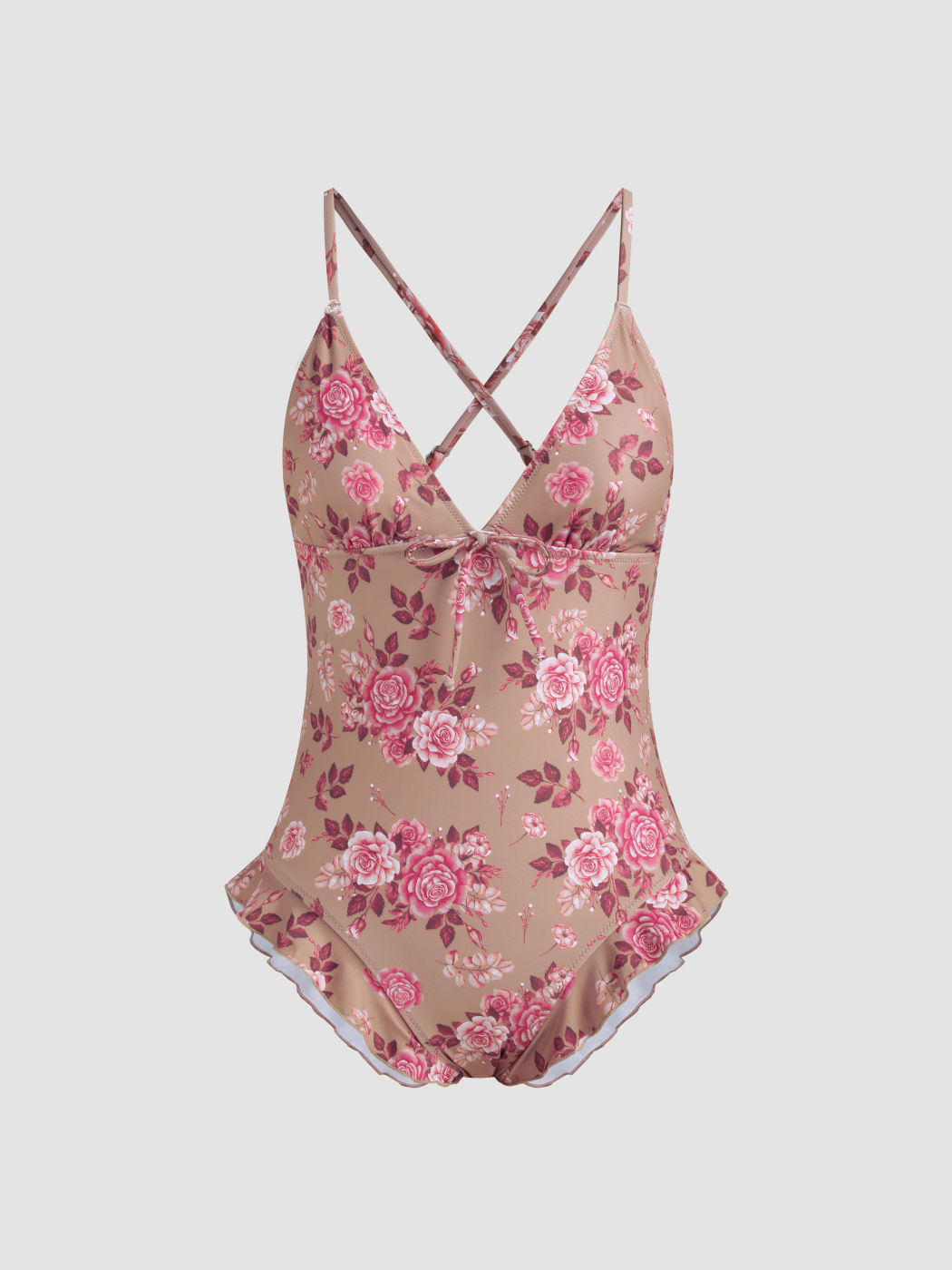 V-neck Floral Cross One Piece Swimsuit For Vacation Swimming Pool Beach