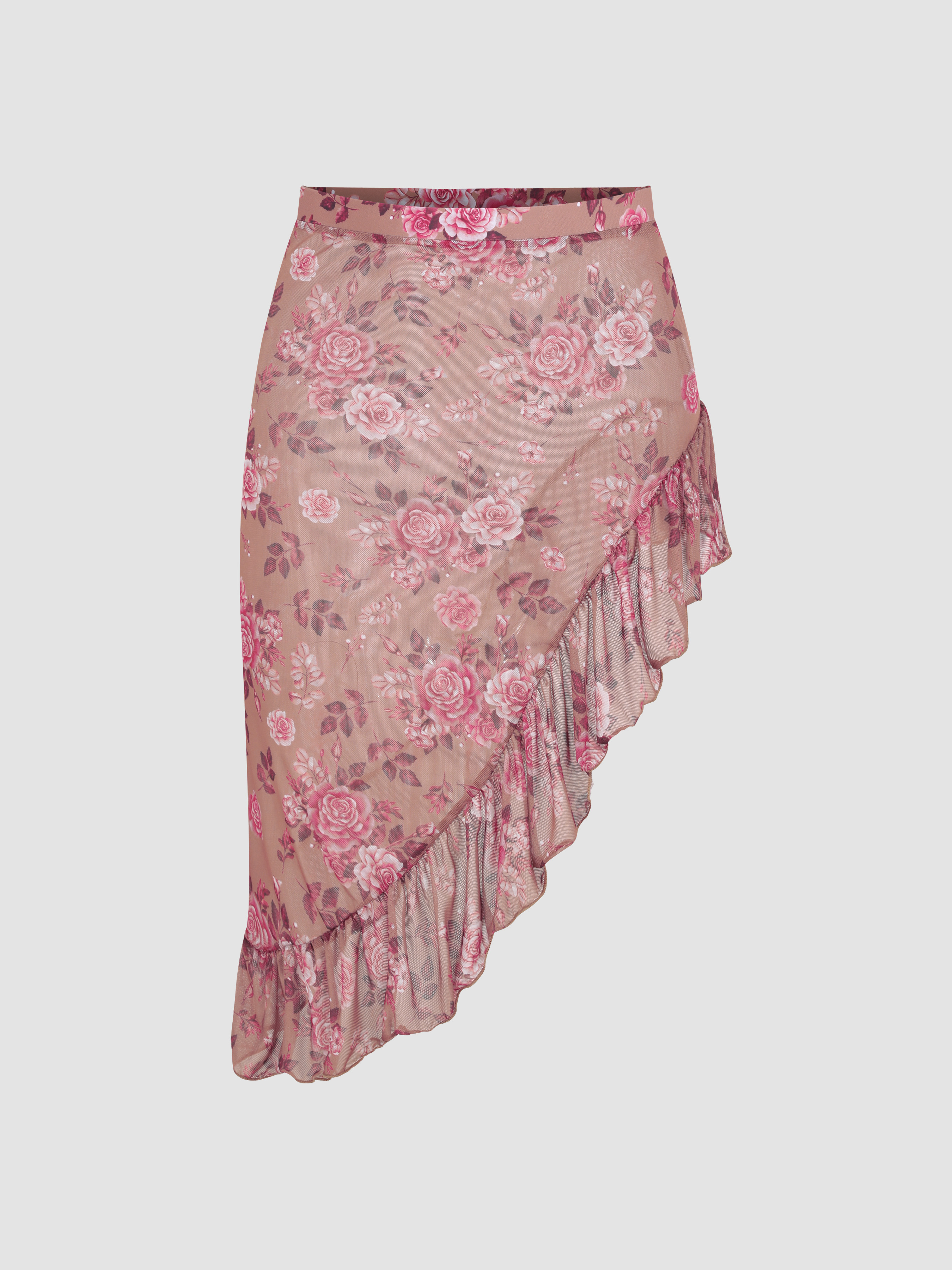 Mesh Mesh Floral Ruffle Hem Sarong For Vacation Swimming Pool Beach