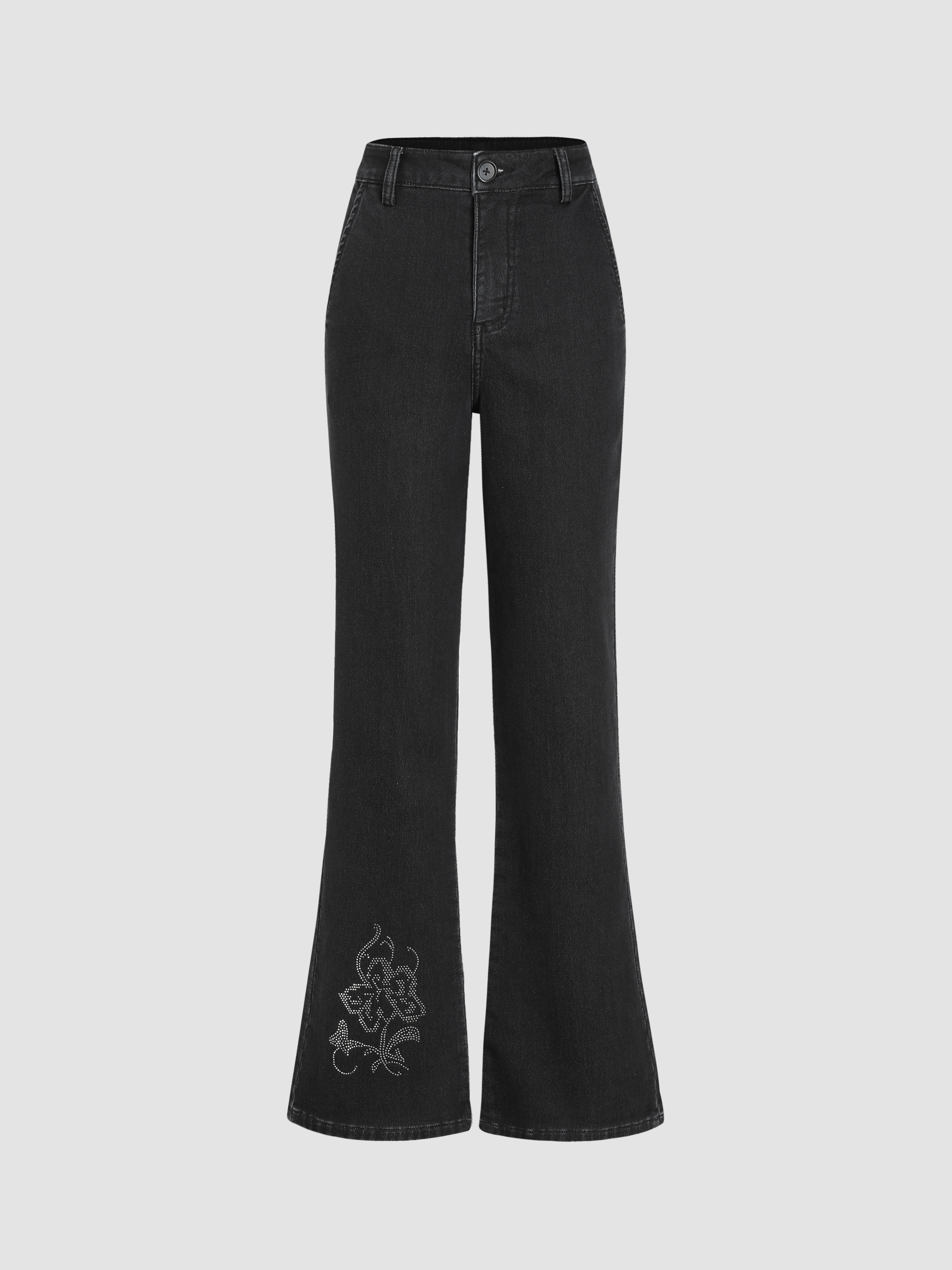 Midnight Rose Rhinestone Flare Jeans For School Daily Casual