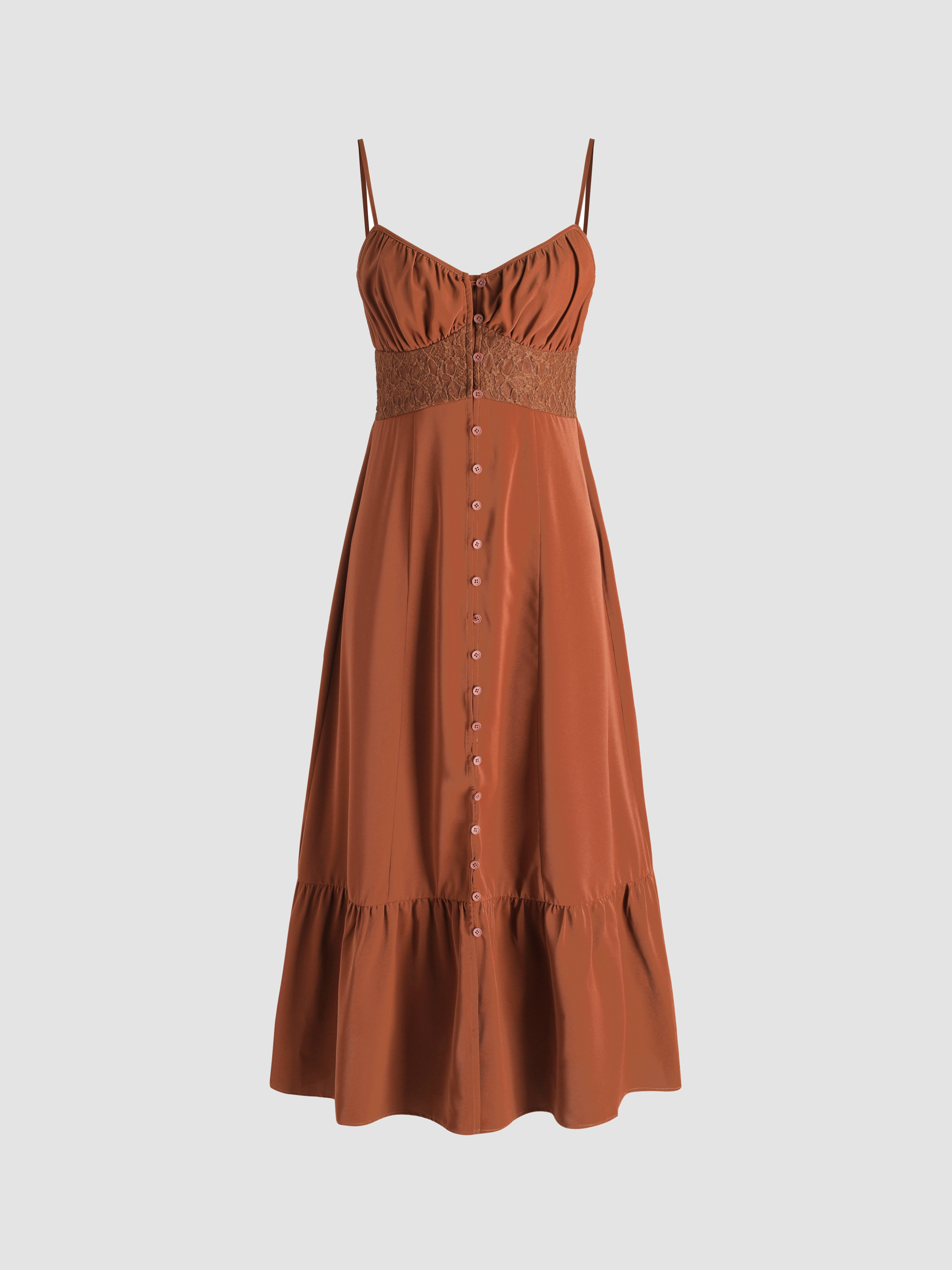 Solid Lace Button Up Midi Dress For Vacation
