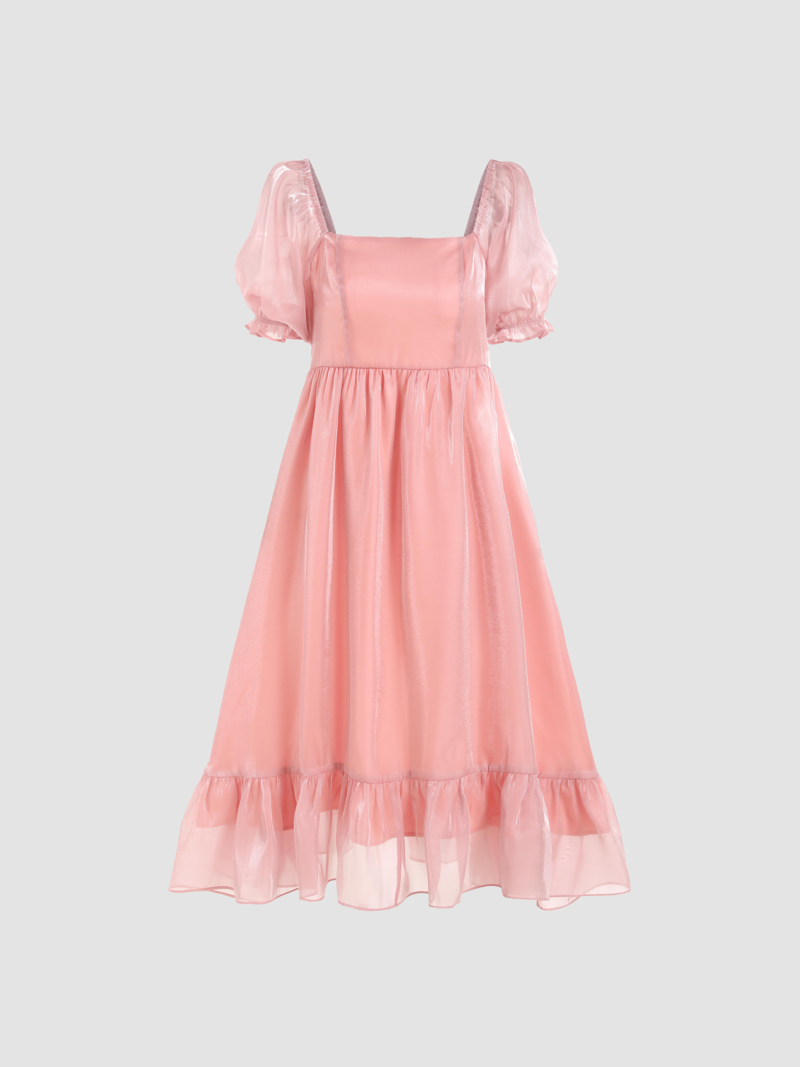 Chiffon Ruffle Trim Short Sleeve Midi Dress - Cider