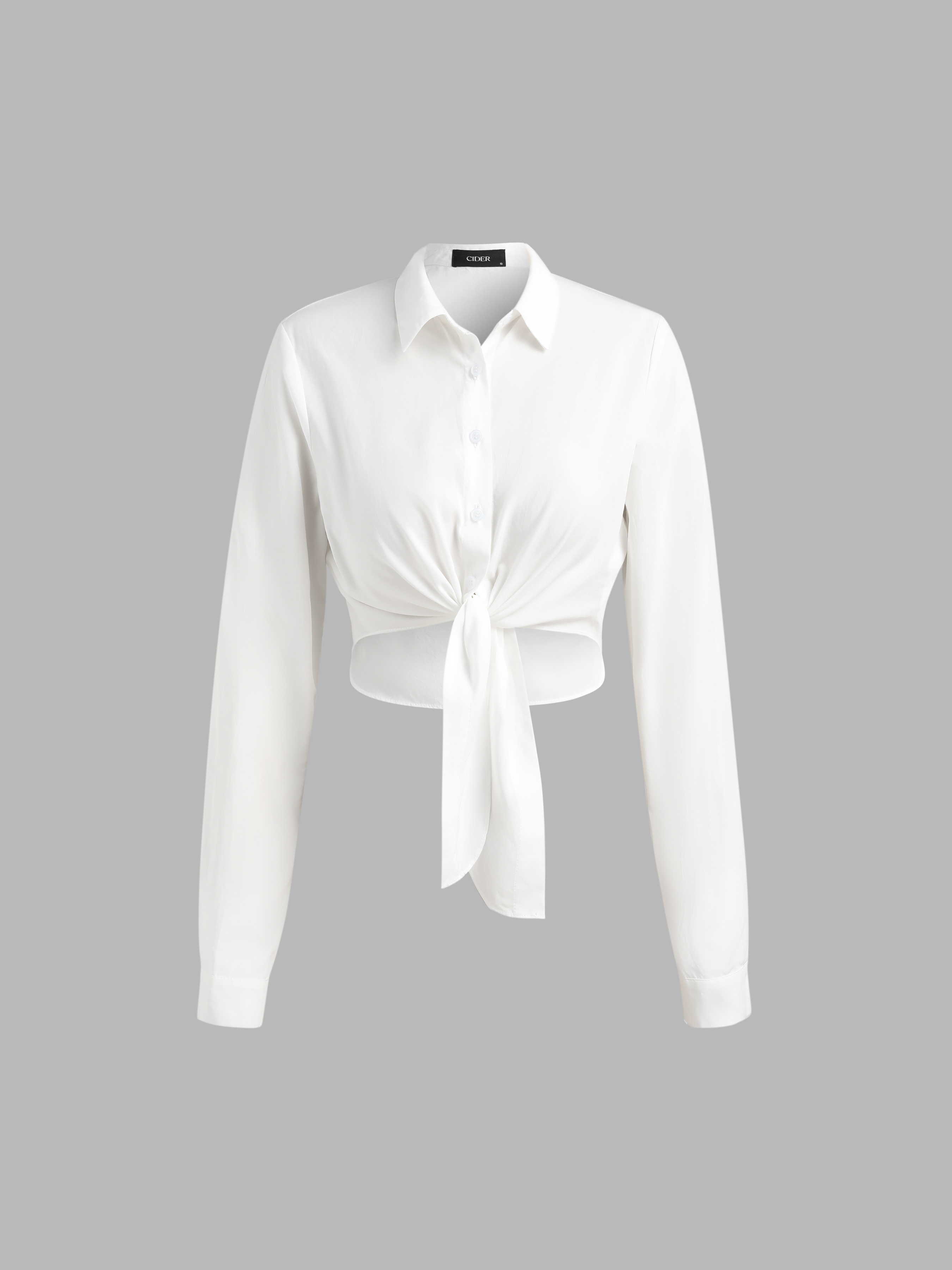 Solid Collar Knotted Long Sleeve Crop Blouse - Cider