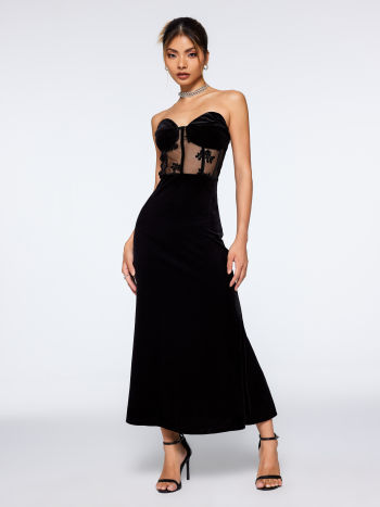Floral Lace Strapless Corset Velvet Maxi Dress - Cider