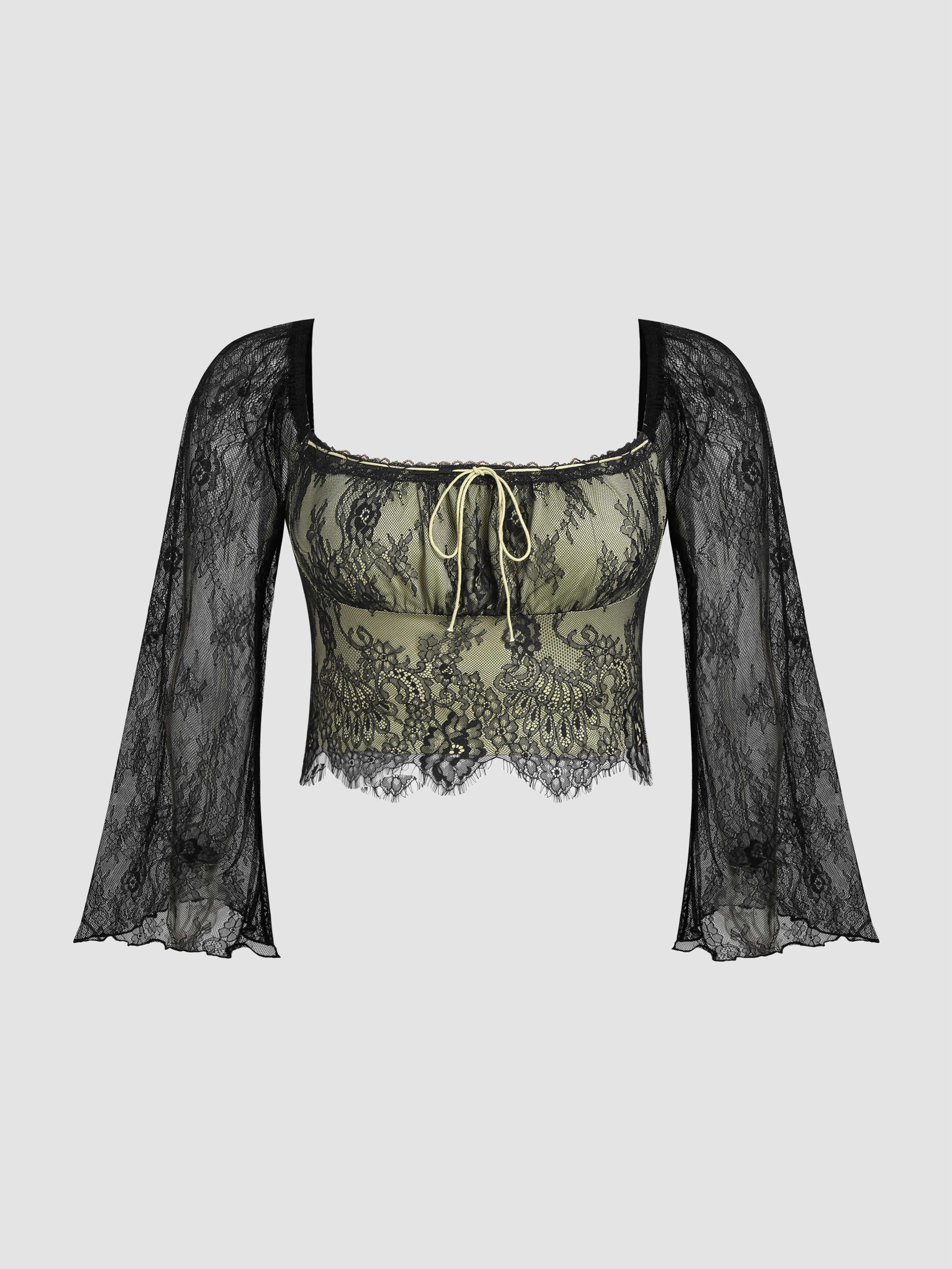 Floral Lace Drawstring Crop Blouse Curve & Plus For Music Festival/Live ...