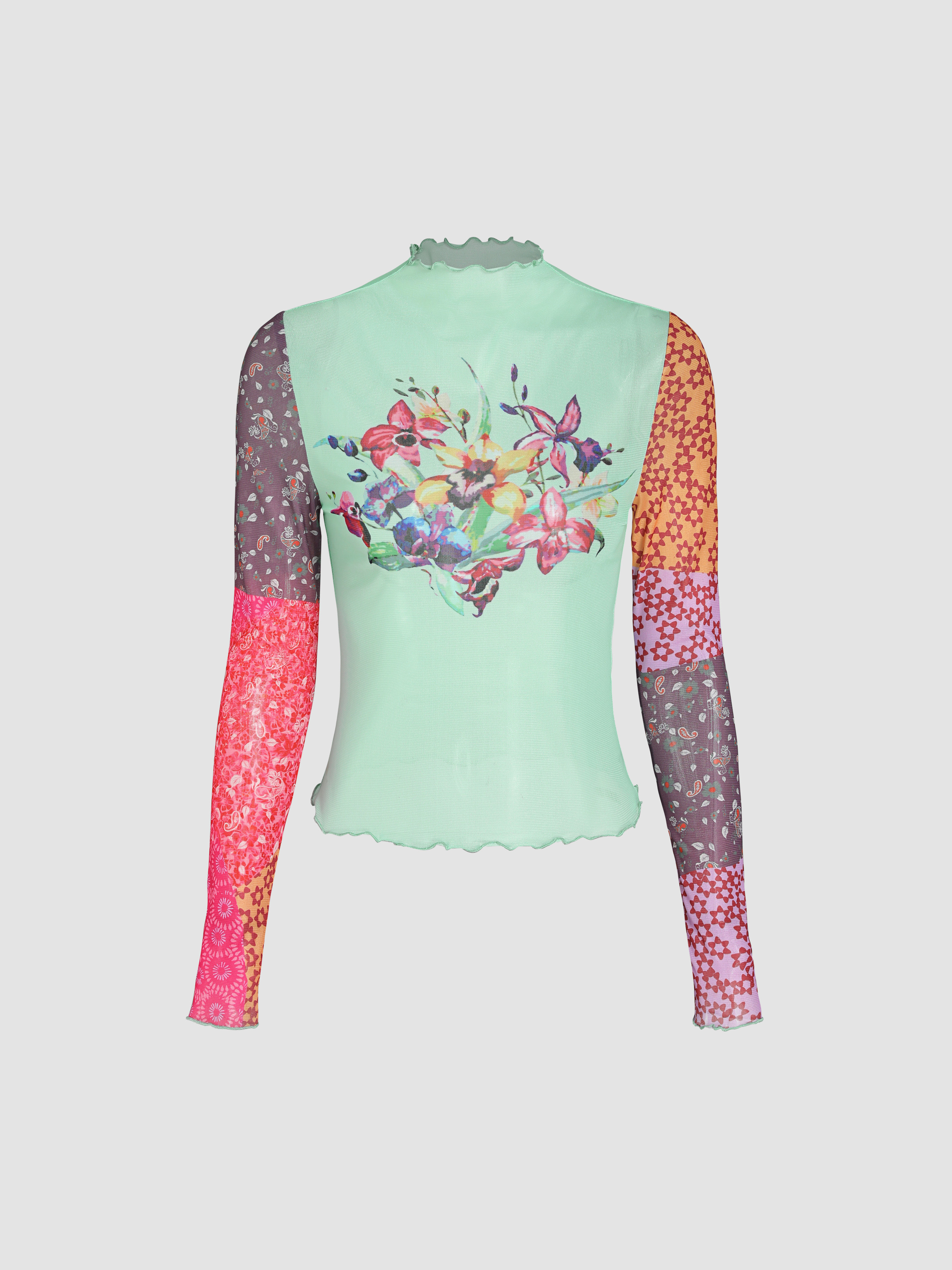 Mesh Patchy Floral Long Sleeve Tee For Picnic