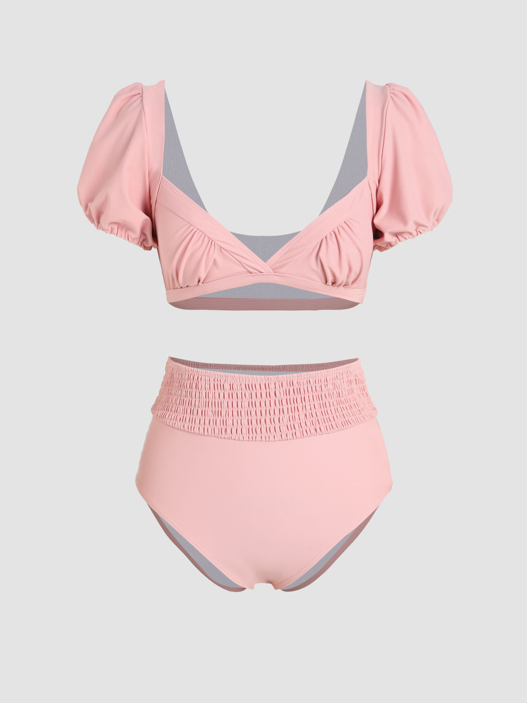 Tummy Control Knit Fabric Puff Sleeve High Waist Smocked Shaping Bikini ...