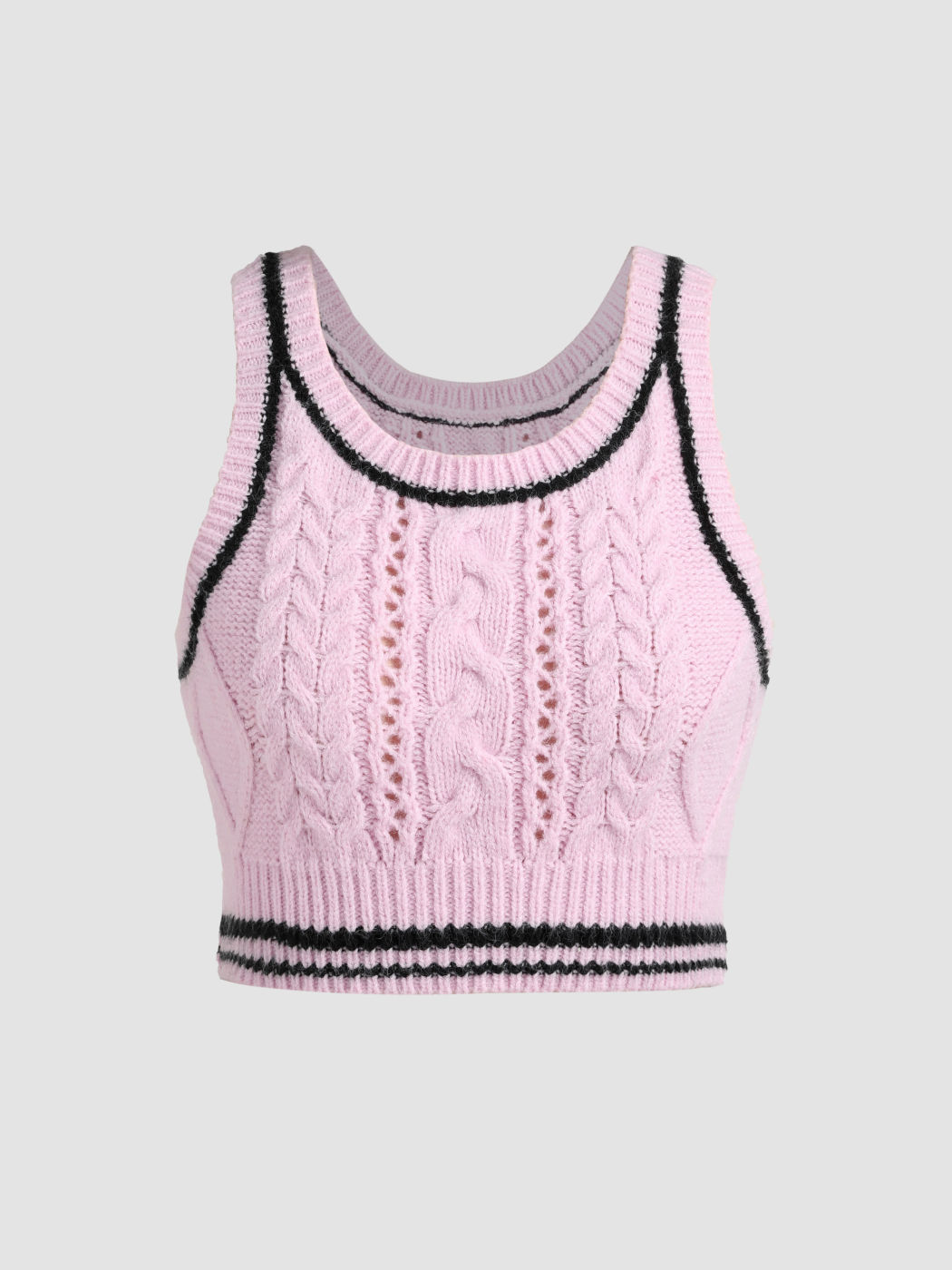 Knit Fabric Contrasting Cable Knit U-neckline Crop Top For School