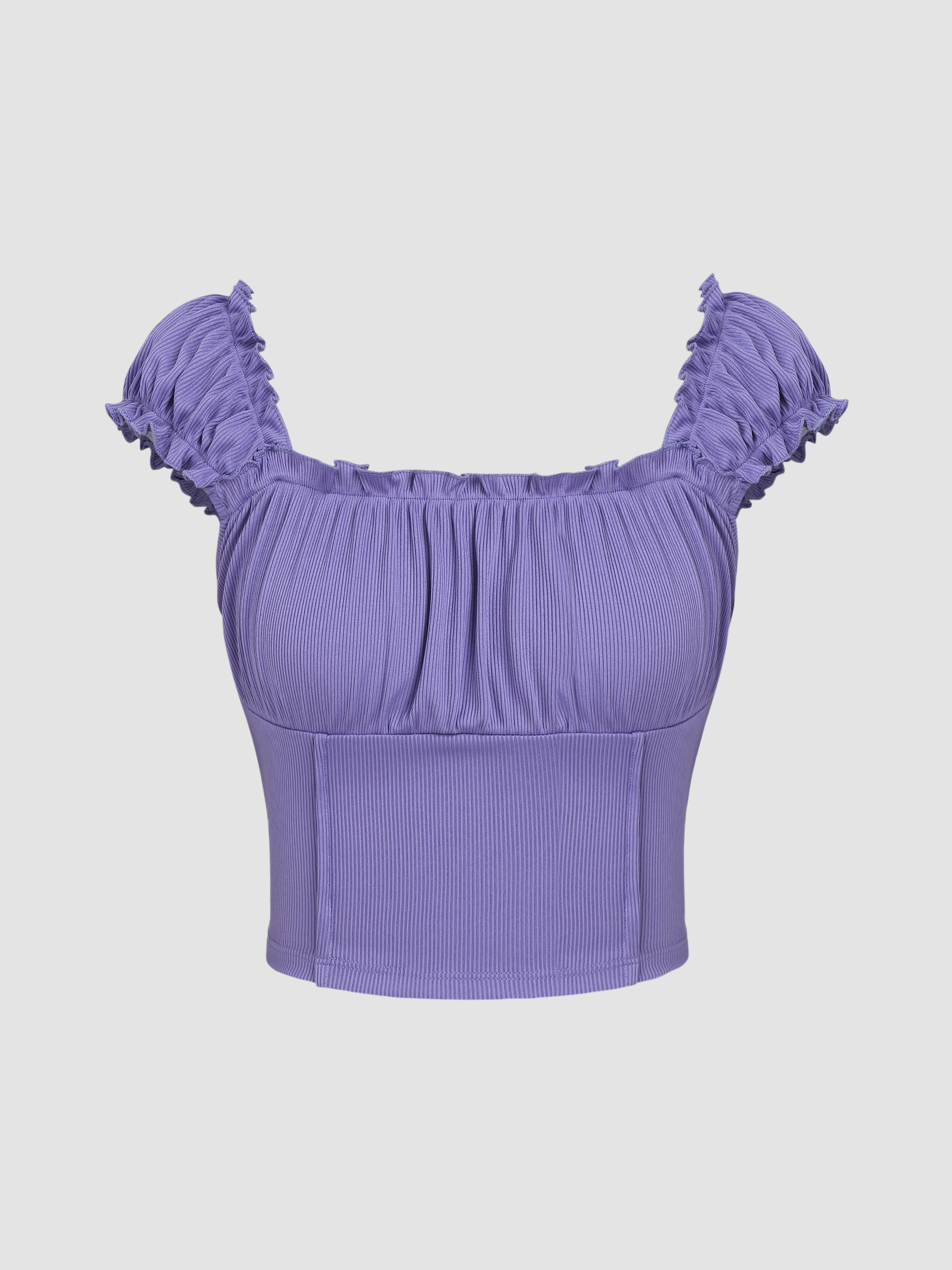 Knit Fabric Solid Square Neck Short Sleeve Top For Picnic