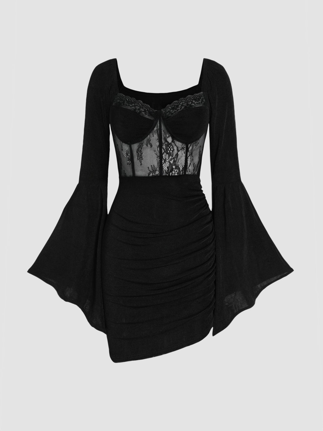 Floral Lace Bell Sleeve Sheer Short Dress For Music Festival/Live House ...