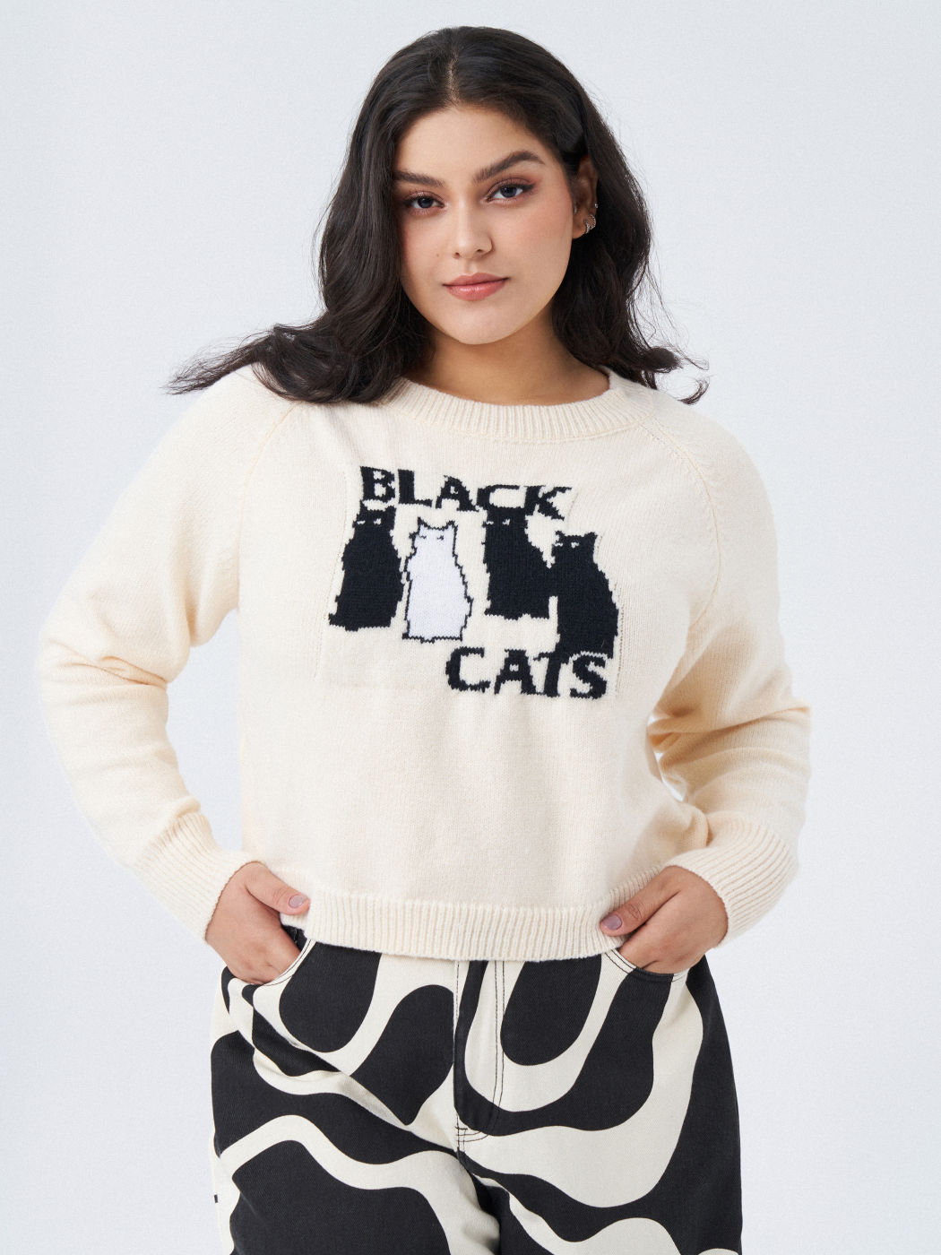 Curve & Plus Cats Print Crop Sweater For School Daily Casual Coffee ...