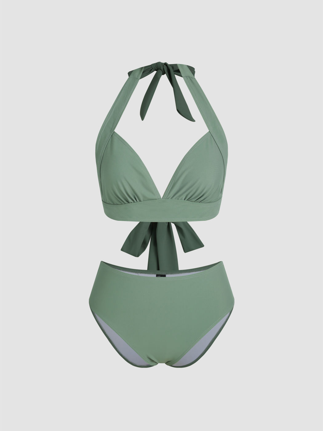 Knit Fabric Solid Halter Tie Back Bikini Swimsuit For Vacation Swimming