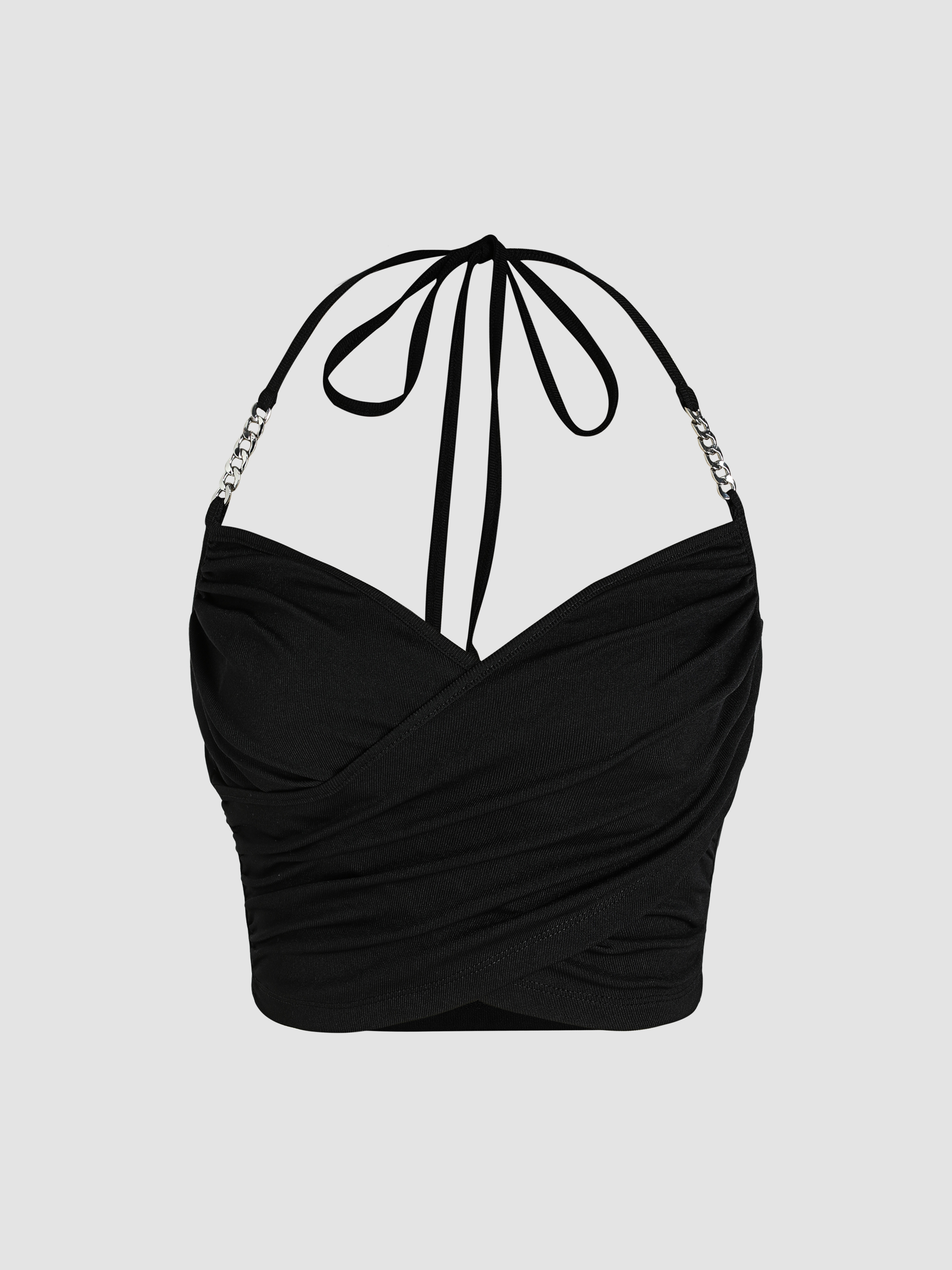 Knit Fabric Halter Cowl Neck Chain Detail Crop Top For Date